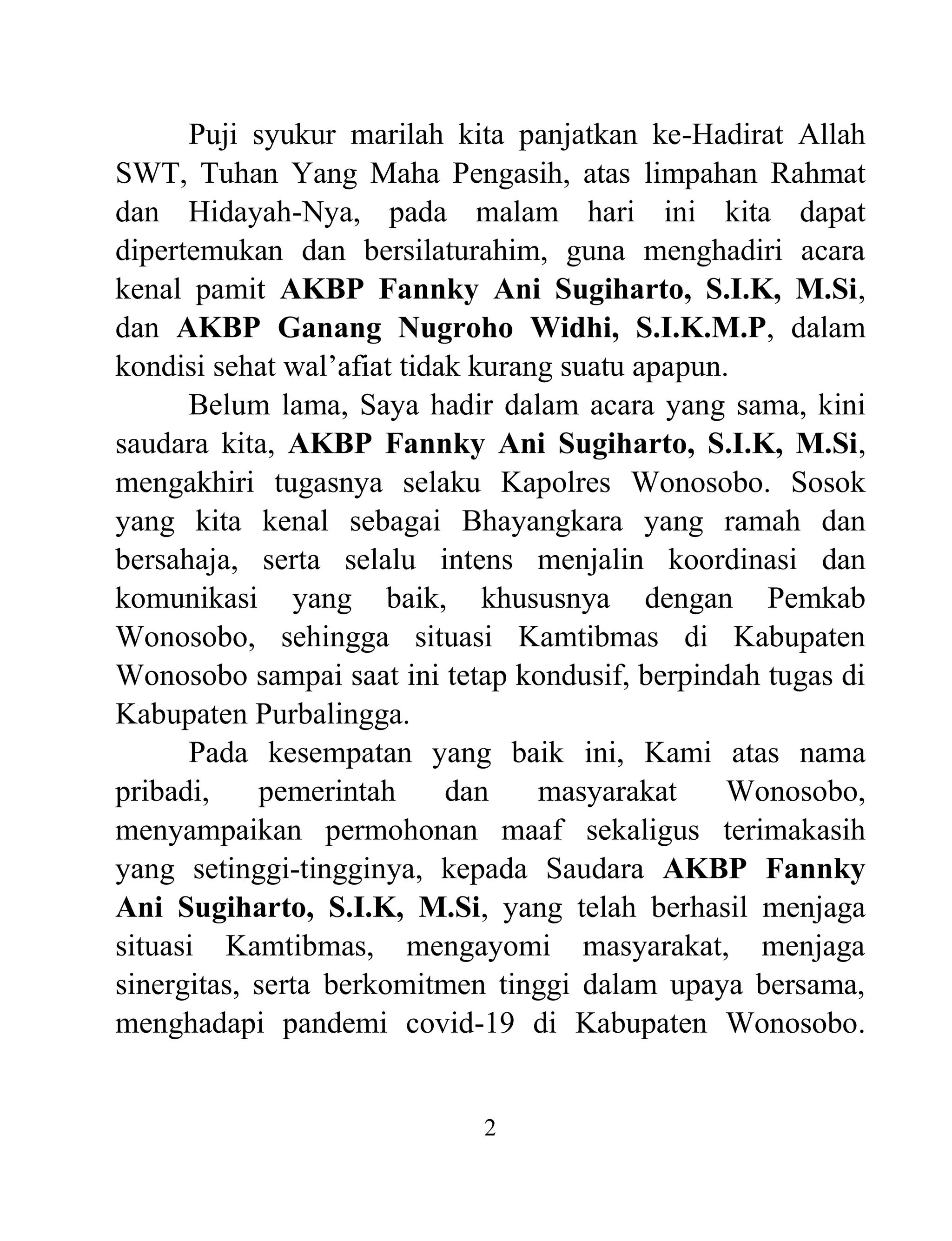 Sambutan bupati wonosobo pada acara kenal pamit kapolres wonosobo | PDF