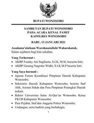 Sambutan bupati wonosobo pada acara kenal pamit kapolres wonosobo | PDF