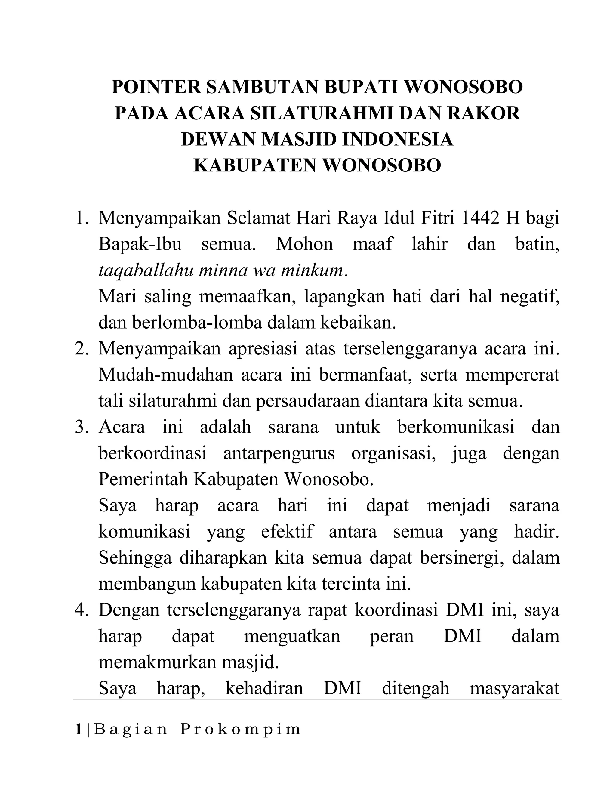 Sambutan bupati wonosobo silaturahmi dan rakor dewan masjid | PDF