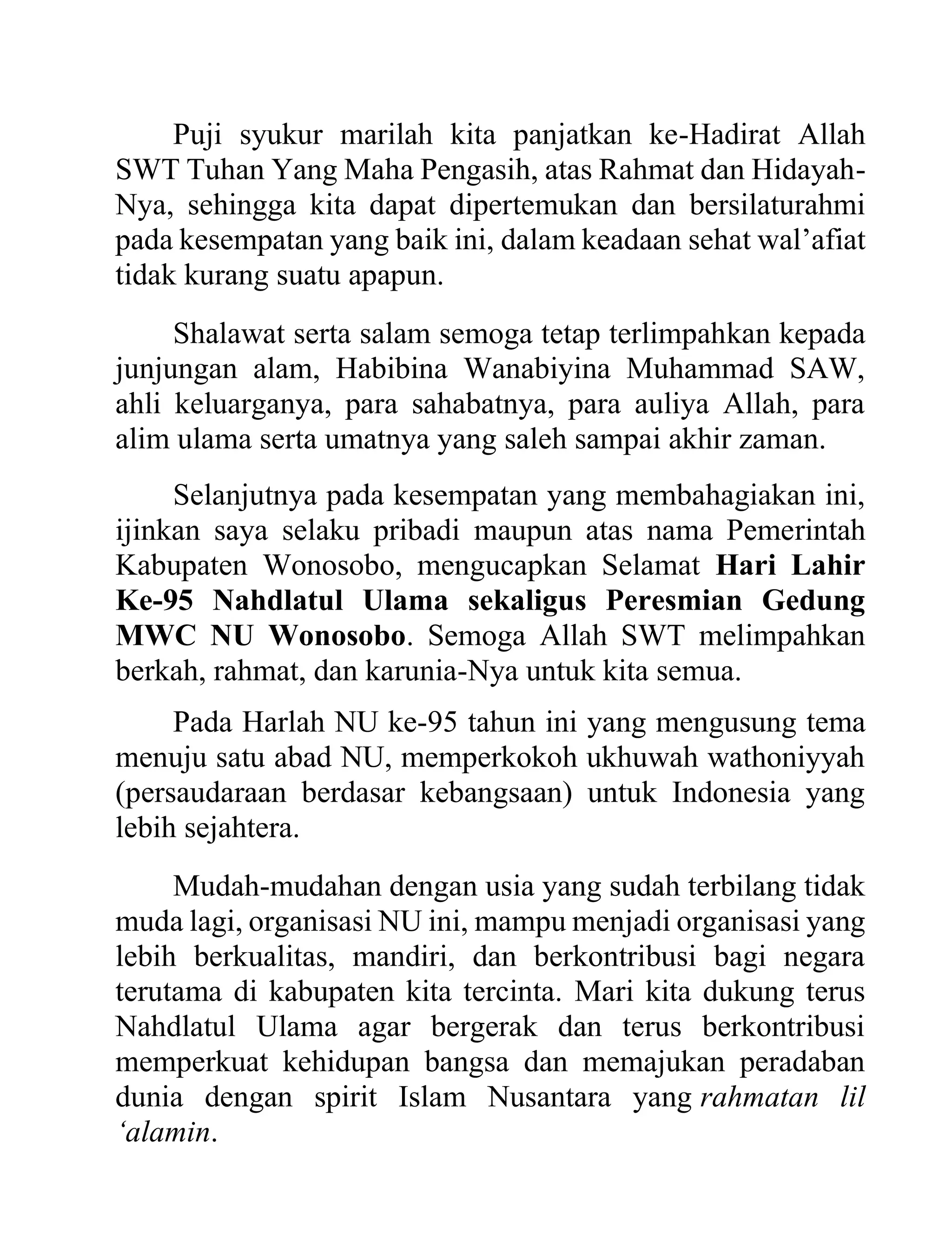 Sambutan bupati wsb harlah nu 95 | PDF
