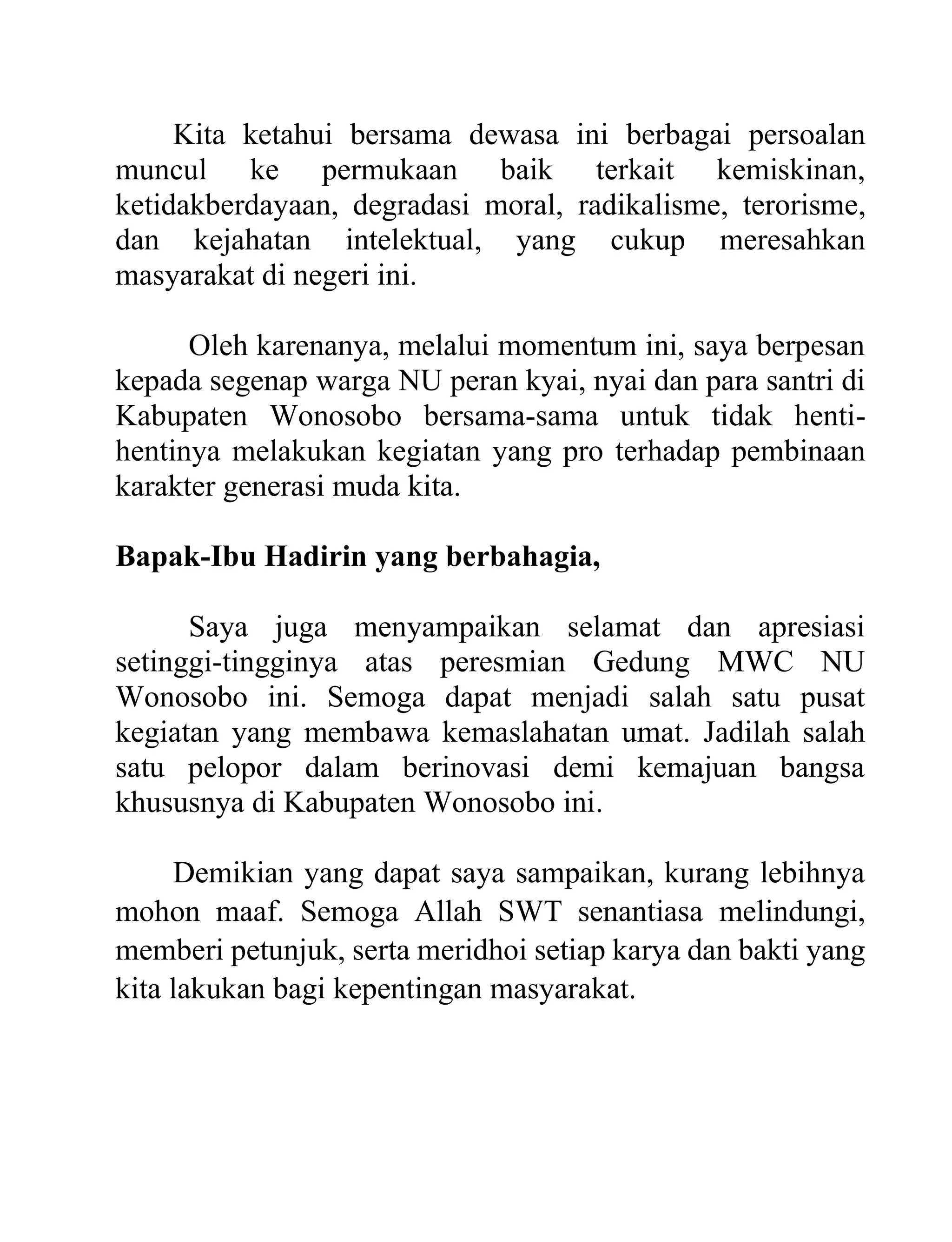 Sambutan bupati wsb harlah nu 95 | PDF