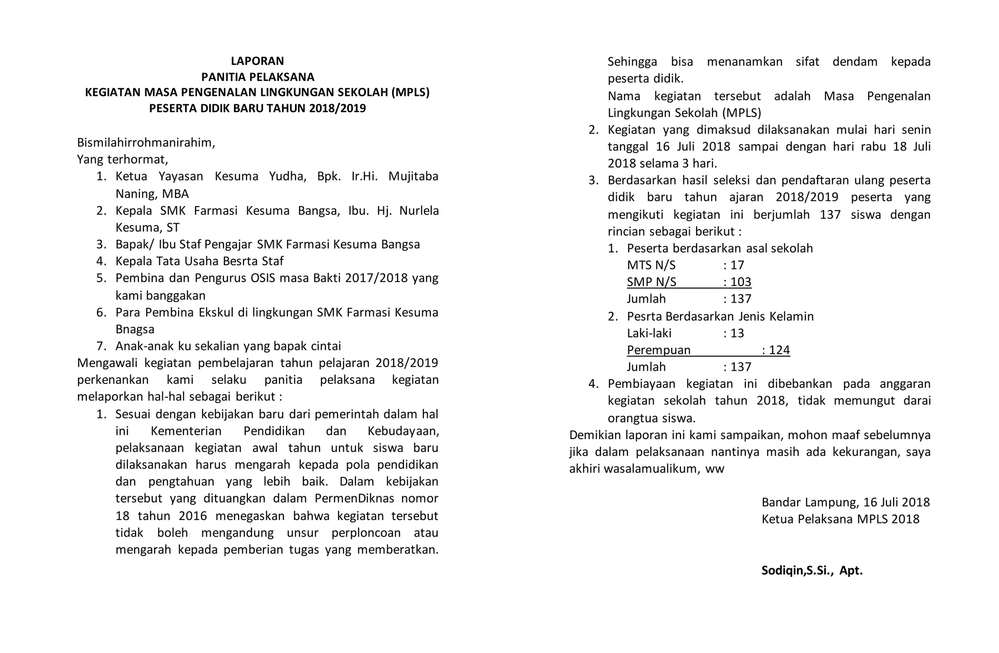 Sambutan laporan panitia mpls 2018 | DOCX