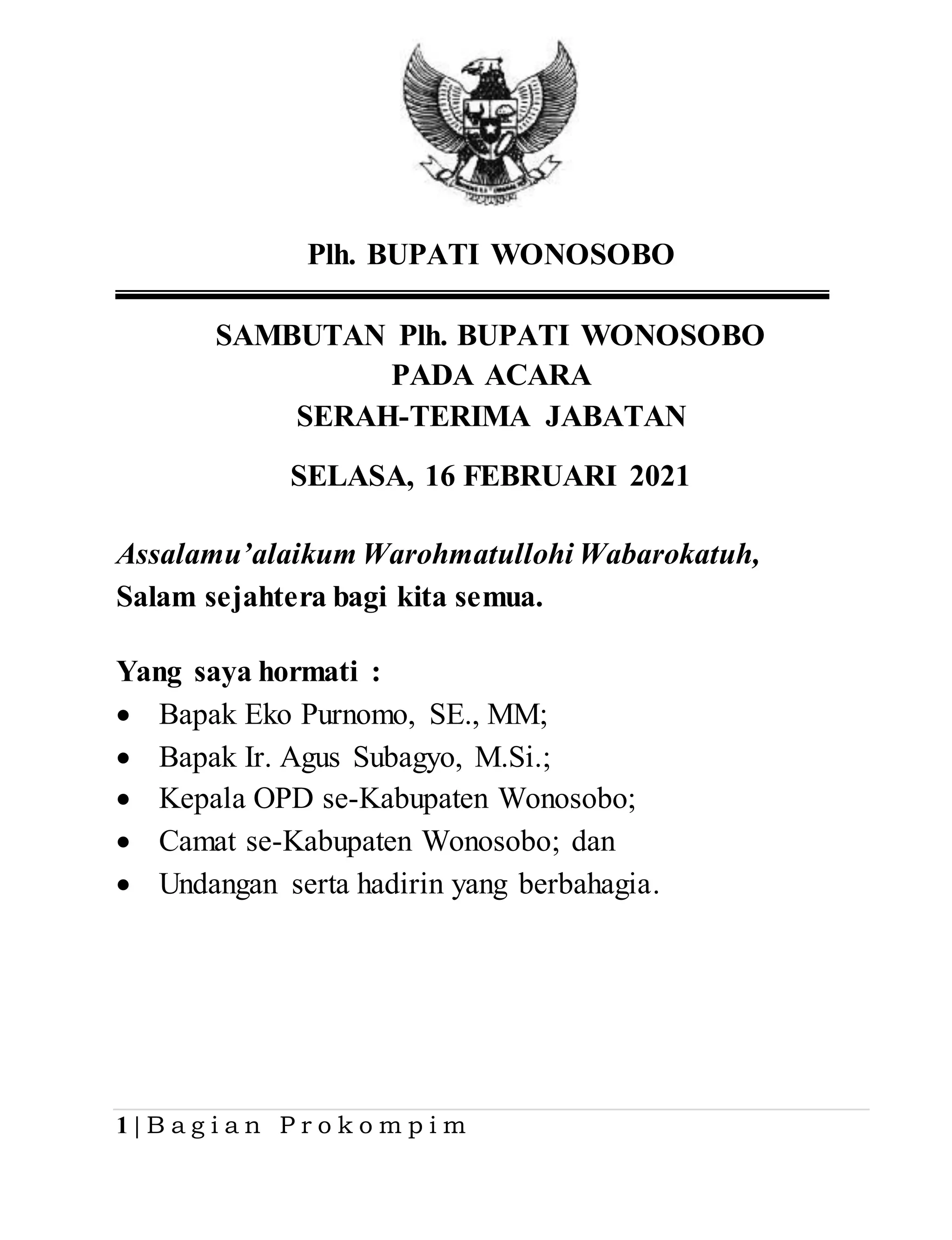 Serah Terima Jabatan Plh Bupati Wonosobo | PDF