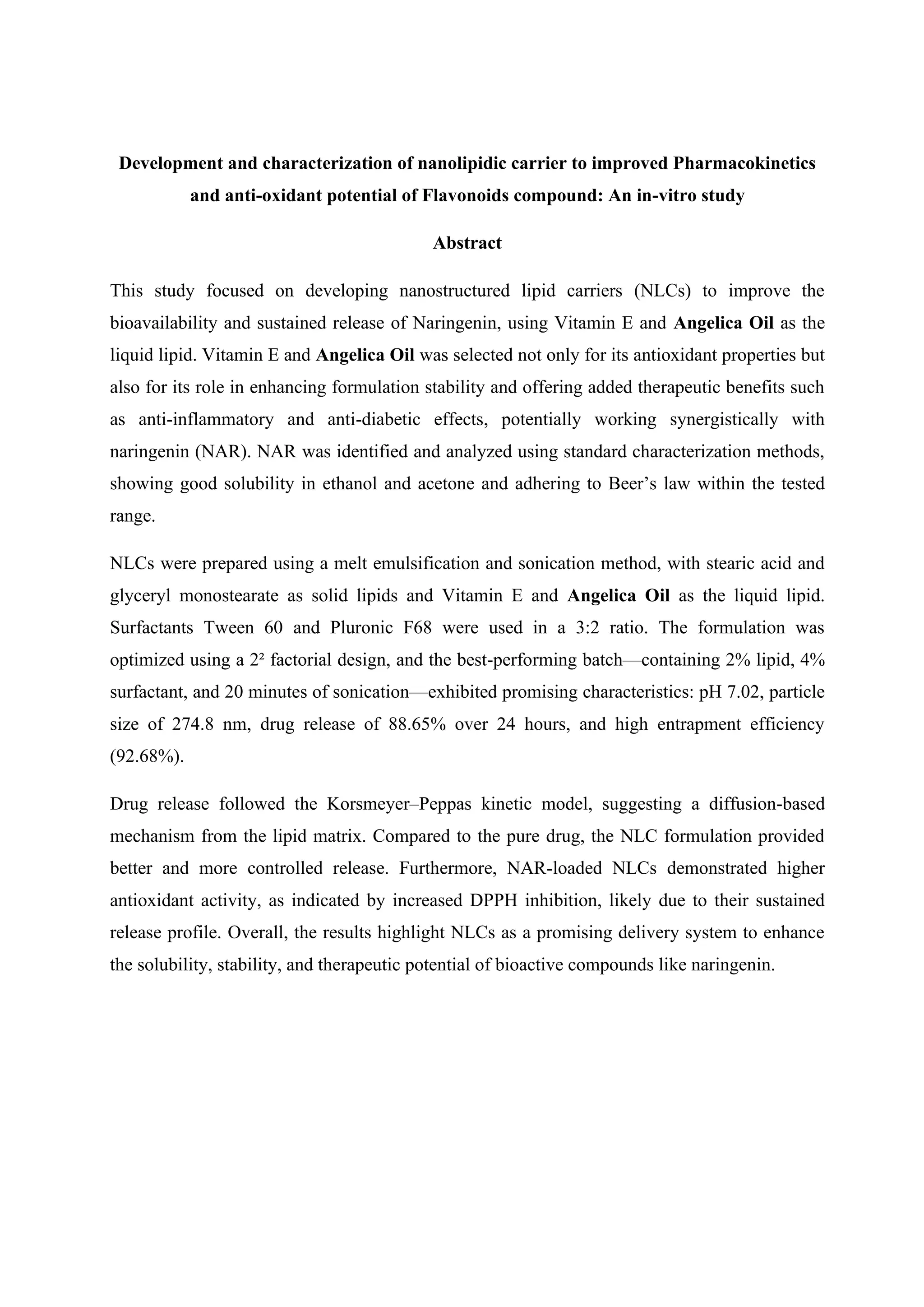 Development and characterization of nanolipidic carrier to improved ...