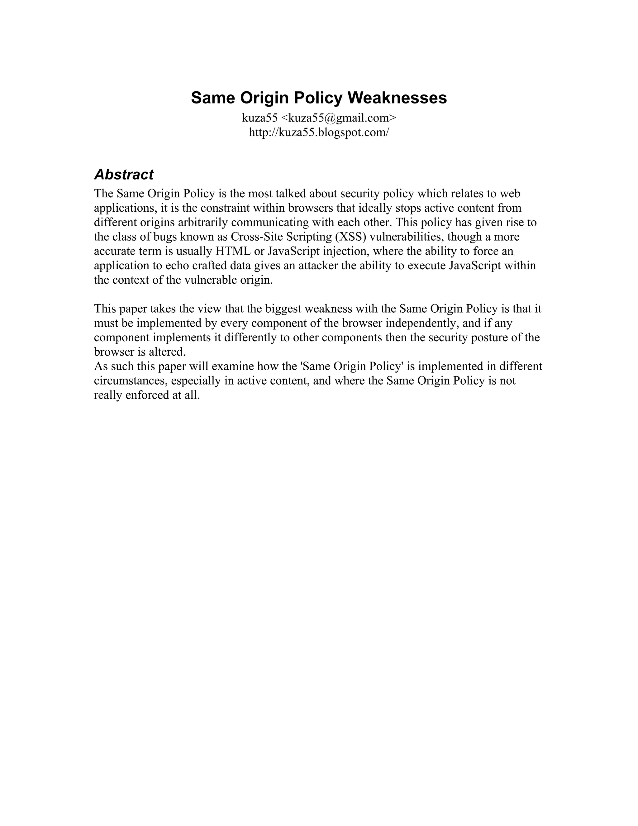 Same Origin Policy Weaknesses | PDF