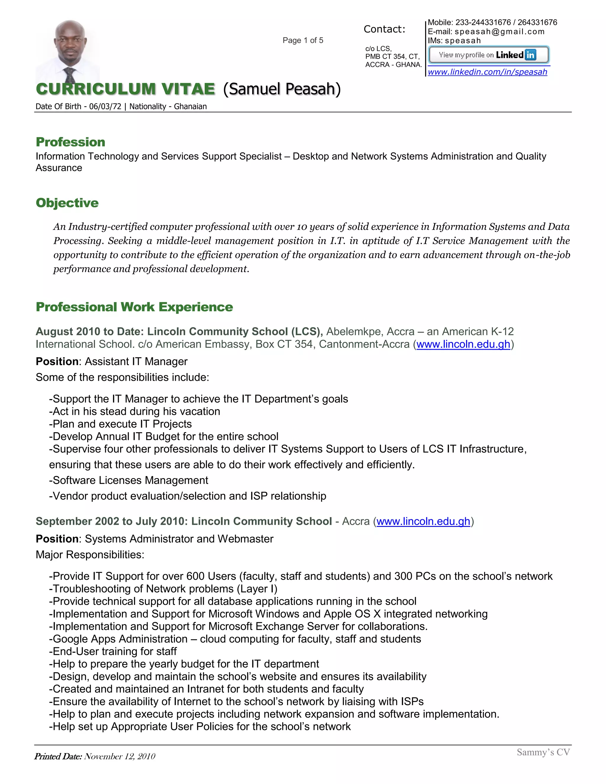 Sammys Cv November2010 | PDF