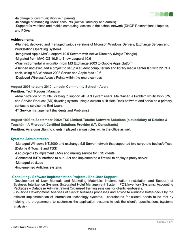 Sammys Cv November2010 | PDF