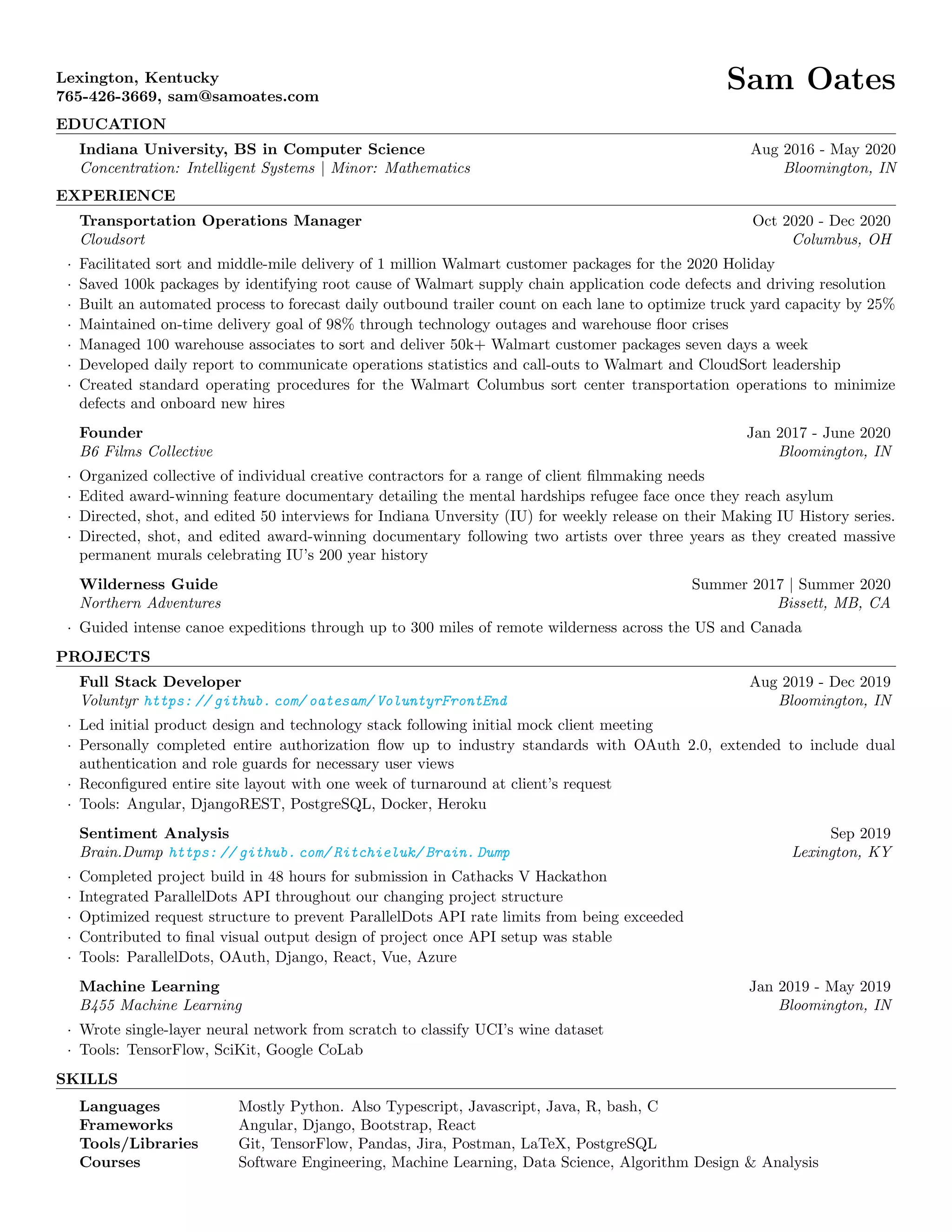 Sam Oates 2021 Resume | PDF