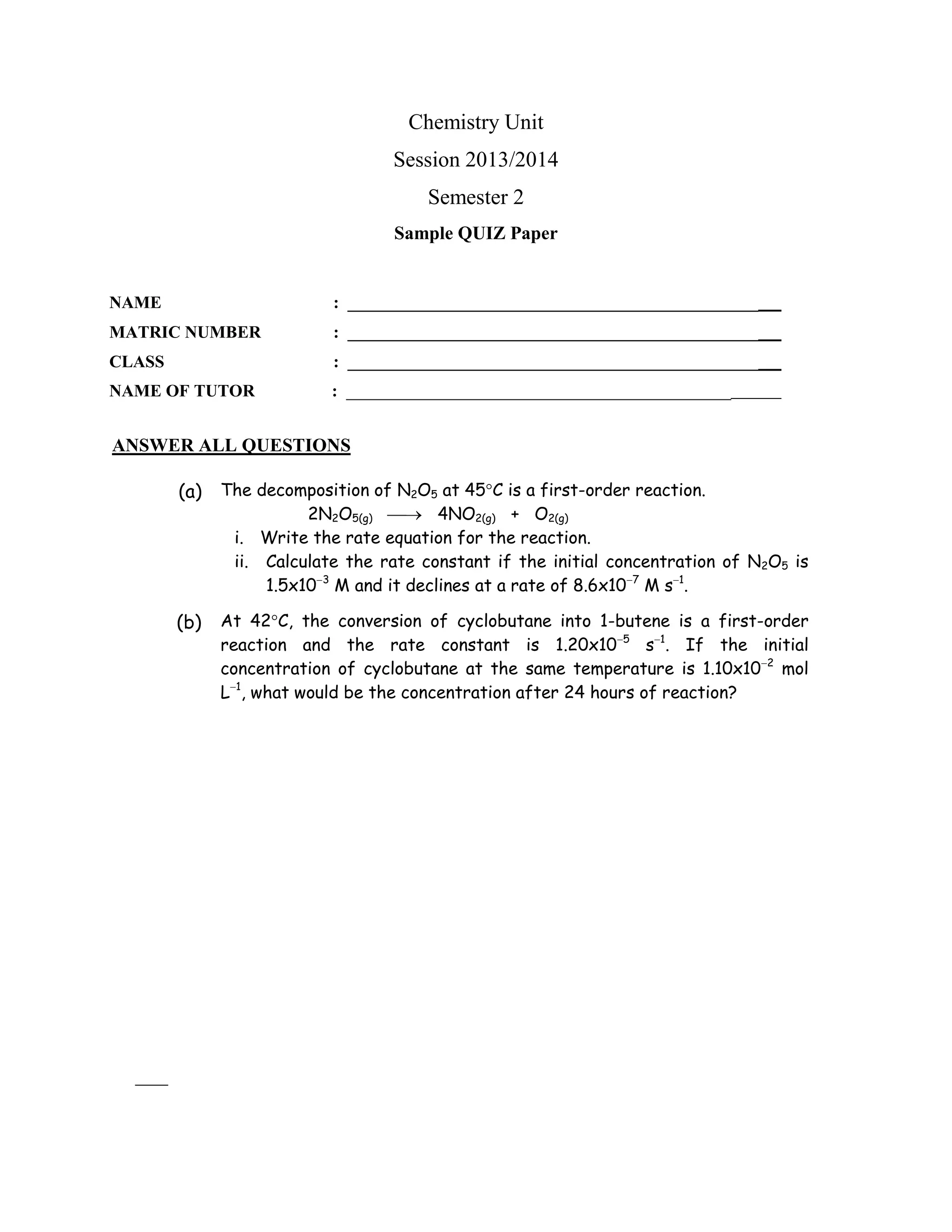 Sample quiz paper set 1 (first order reaction) | PDF