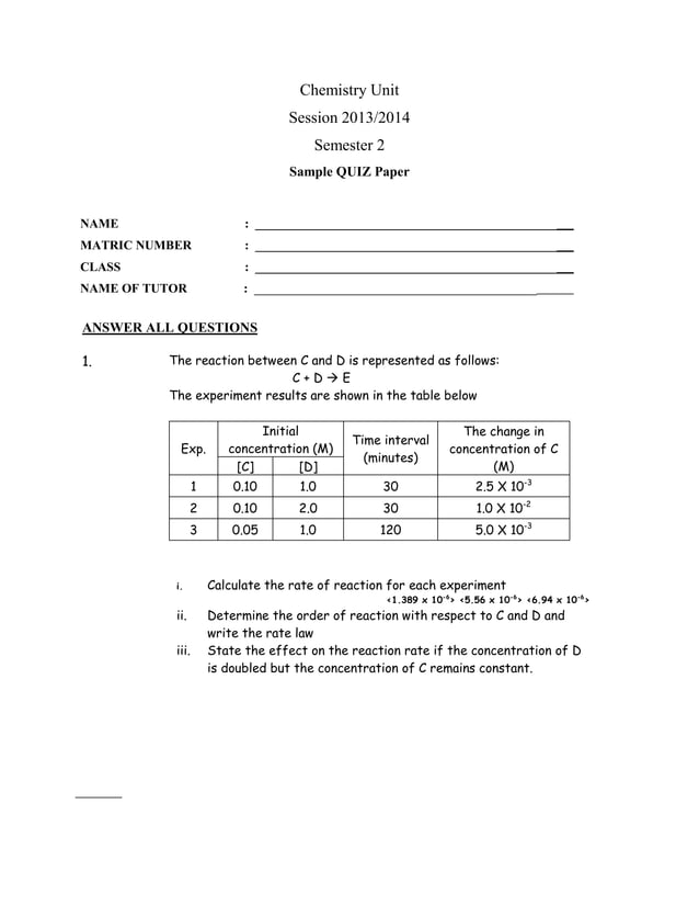 Sample quiz paper set 3 (initial rate method) | PDF