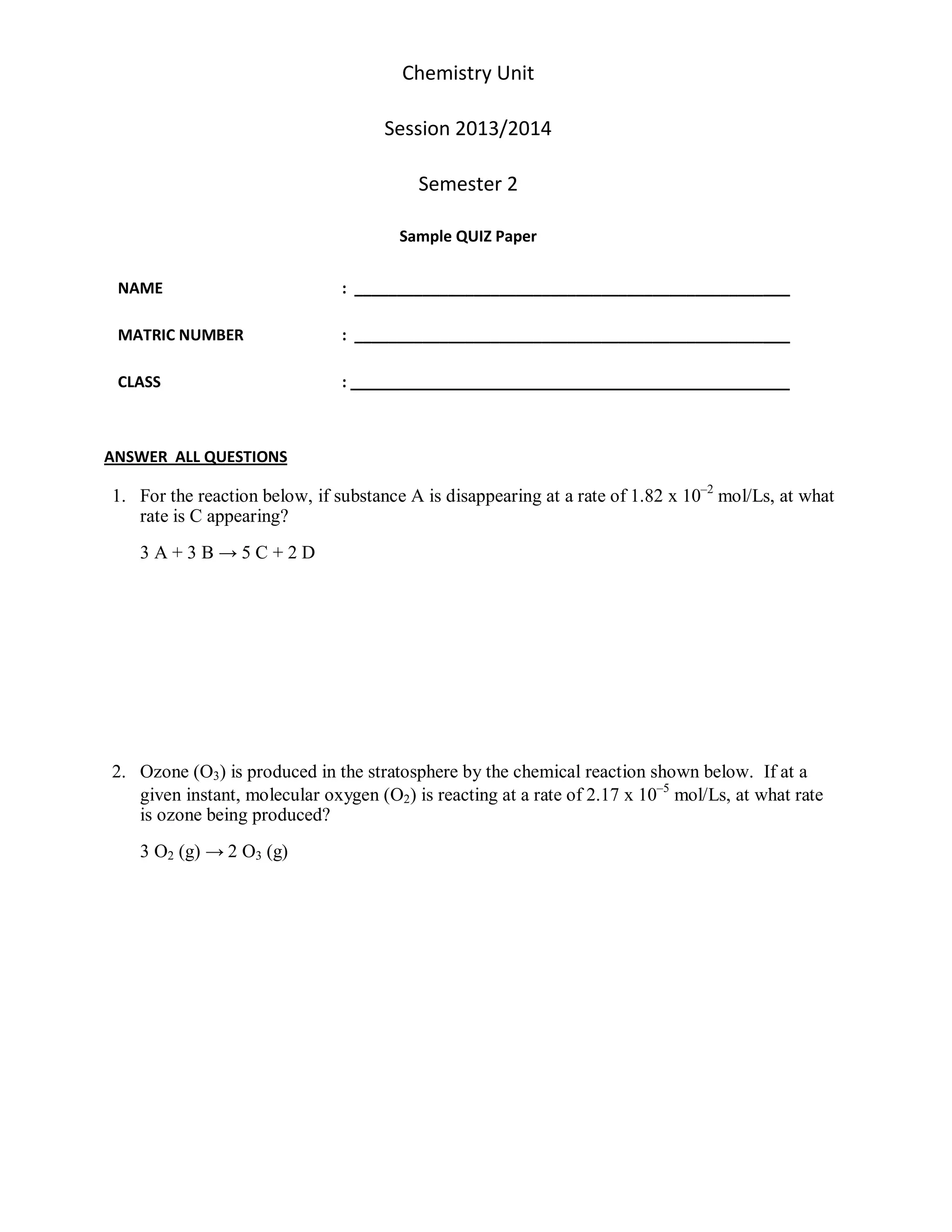Sample quiz paper set 6 (differential rate equation) | PDF