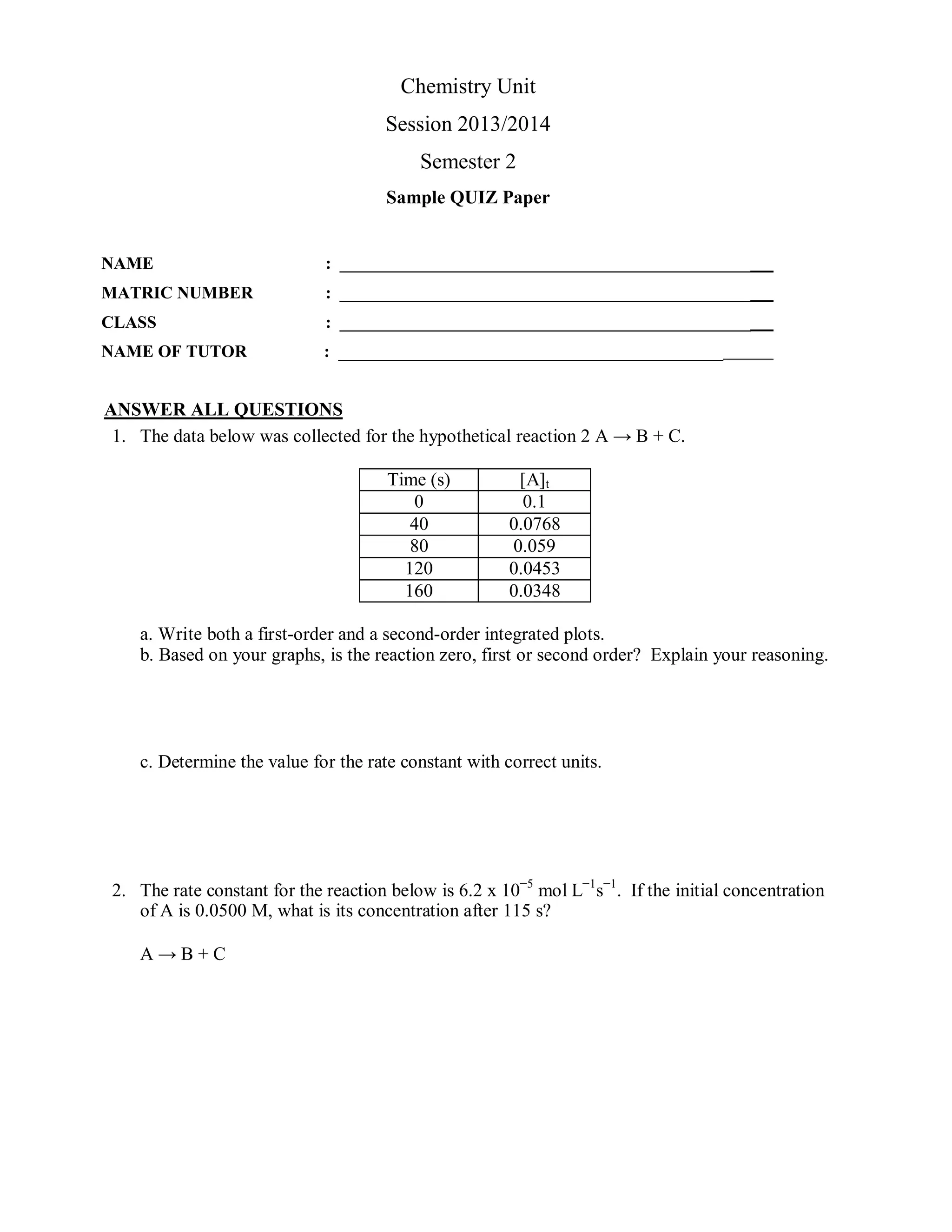 Sample quiz paper set 8 (integrated rate law) | PDF