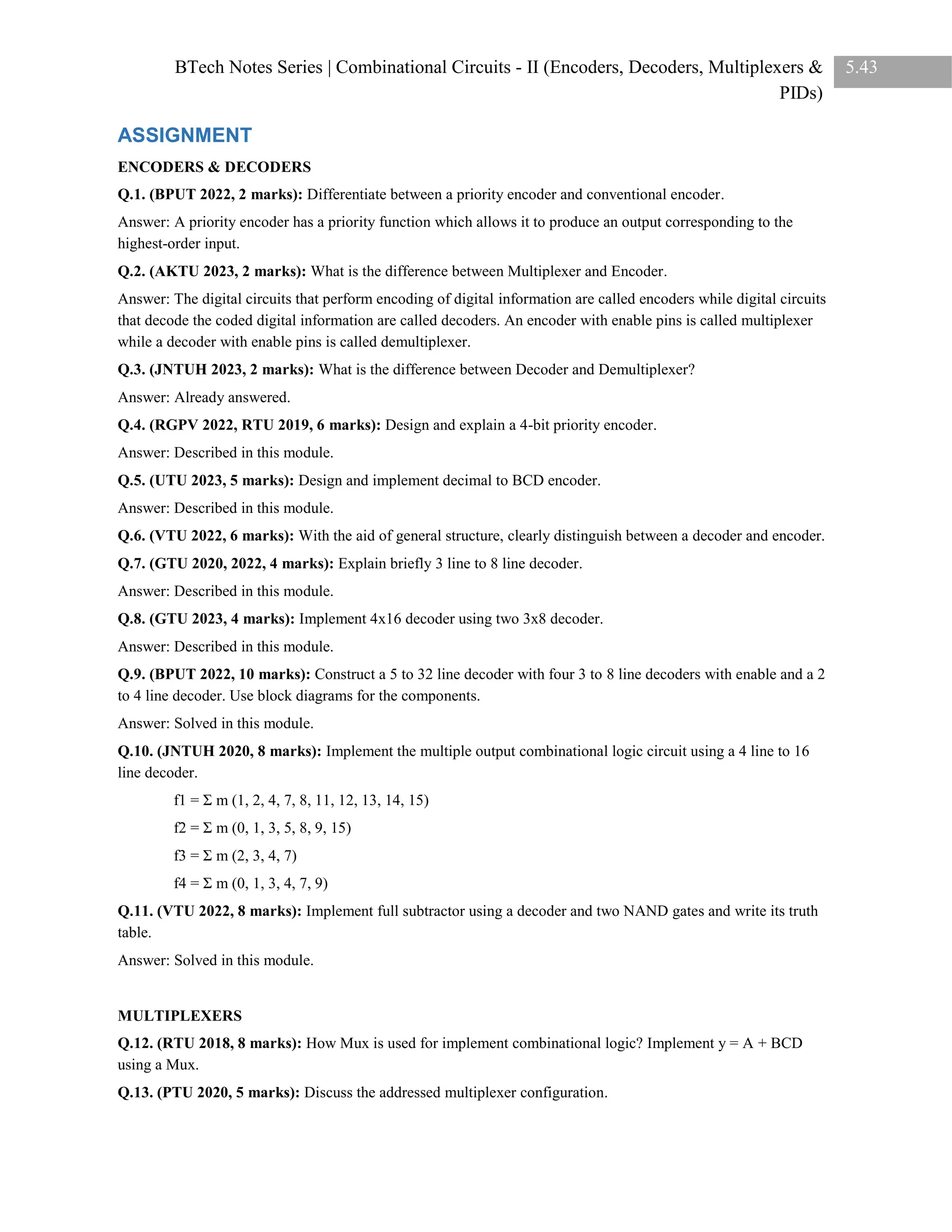 Combinational Circuits - II (Encoders, Decoders, Multiplexers & PIDs).pdf
