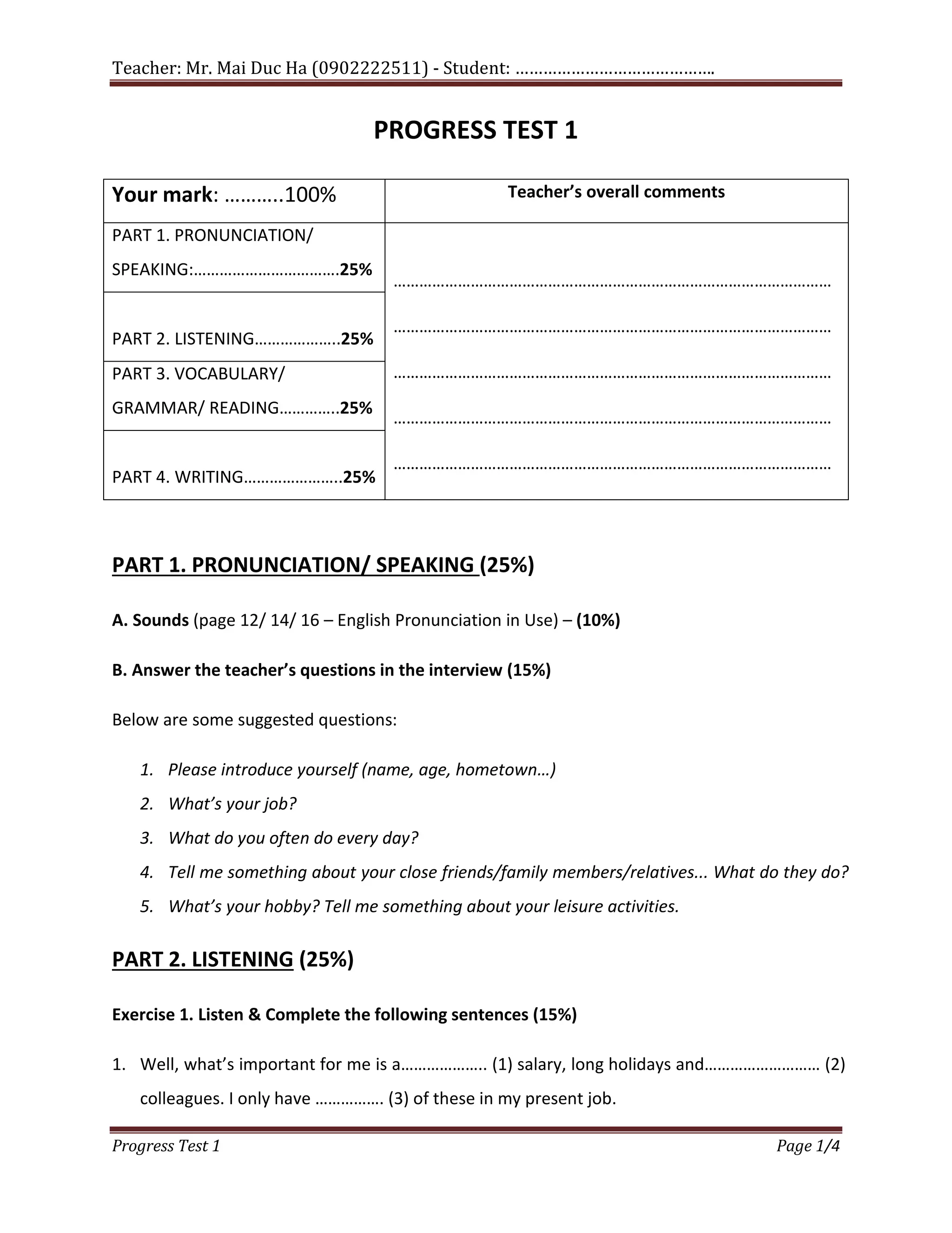 Sample English Test (Elementary 1) | PDF