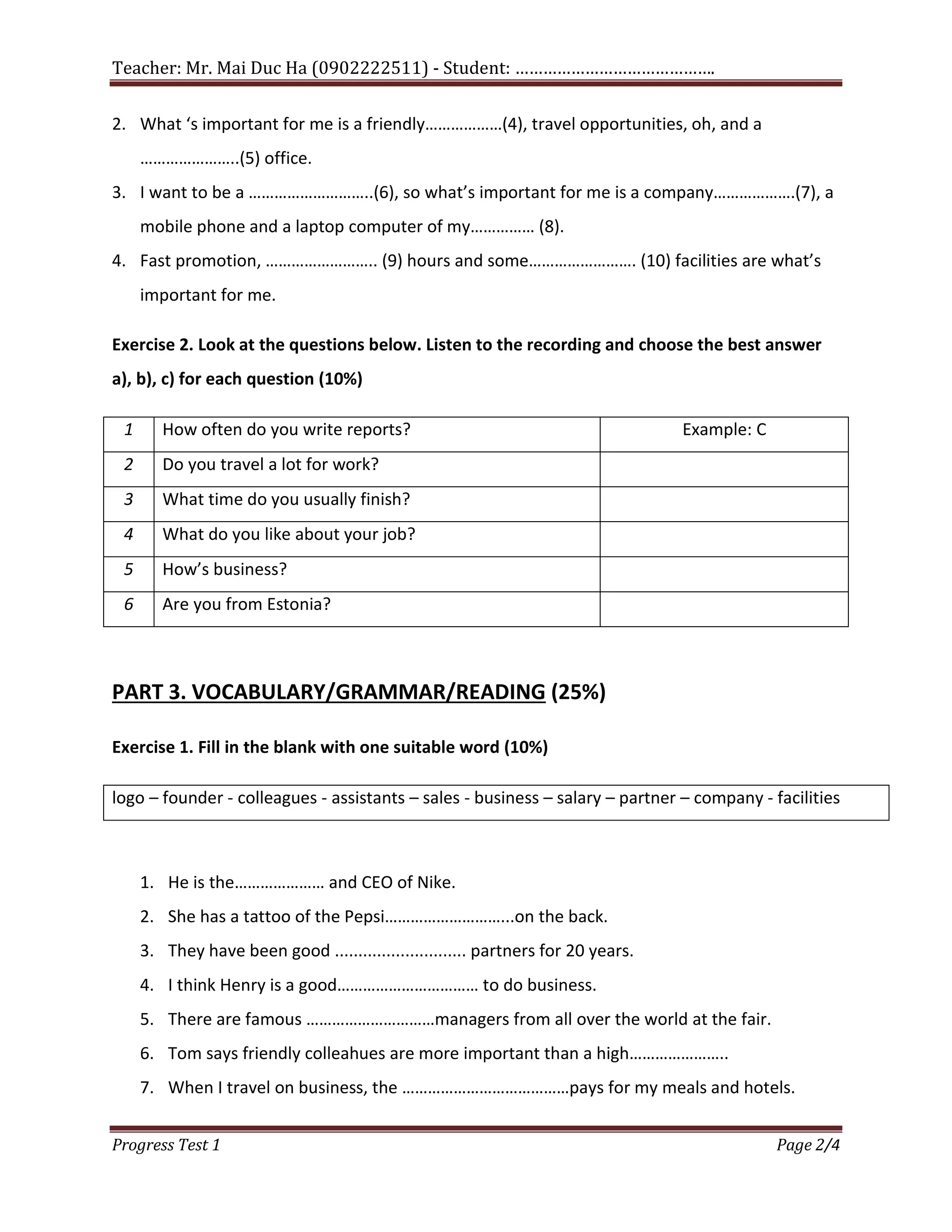Sample English Test (Elementary 1) | PDF
