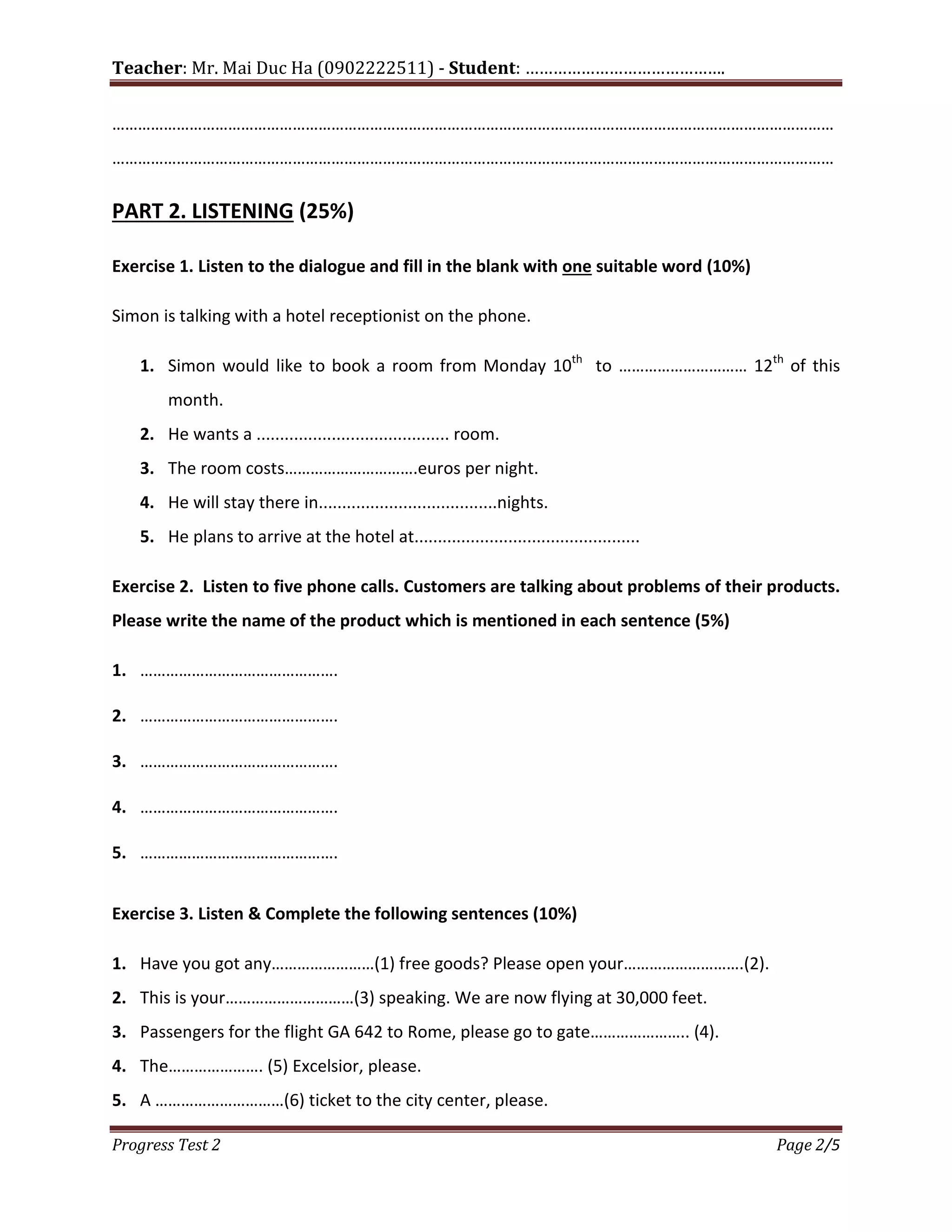 Sample English Test (Elementary 2) | PDF