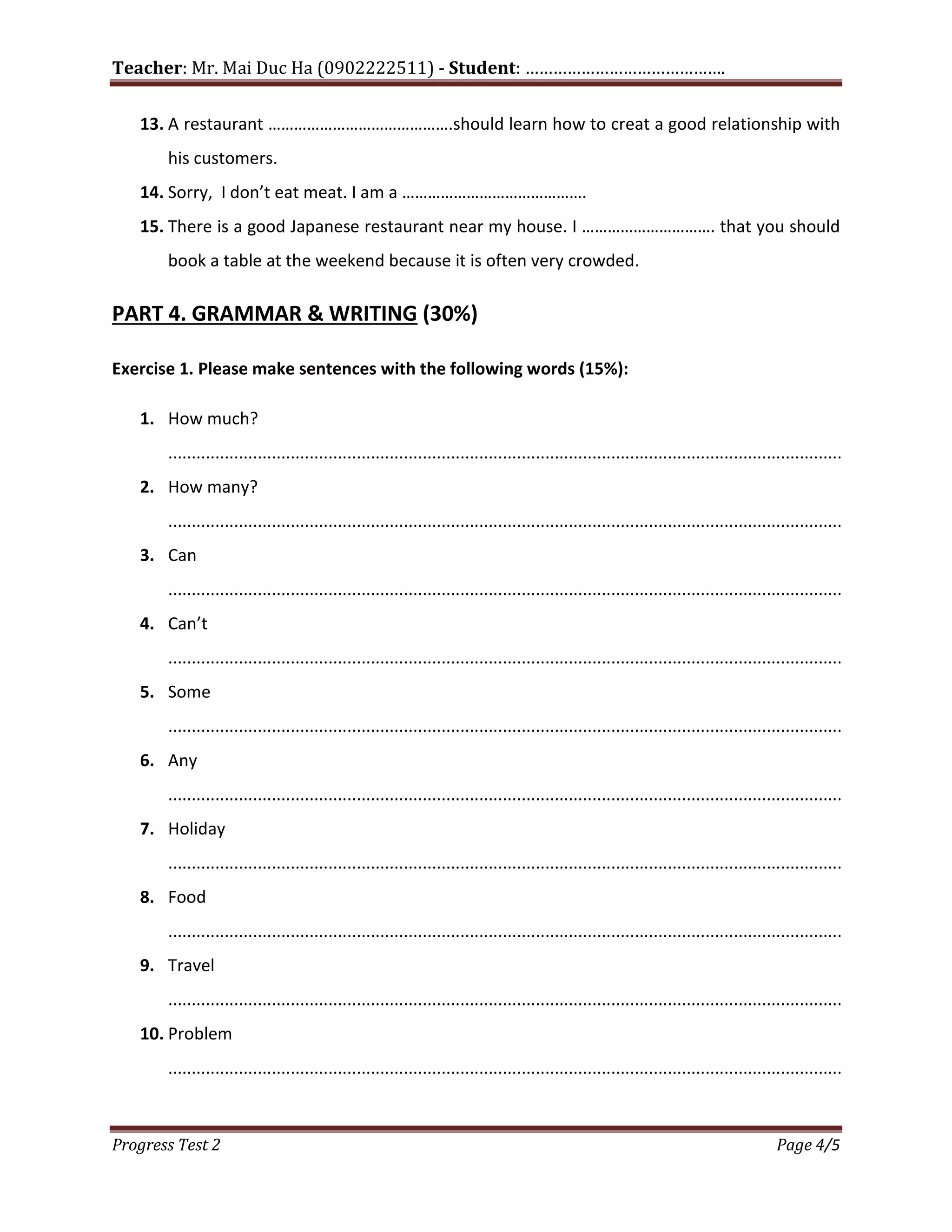 Sample English Test (Elementary 2) | PDF