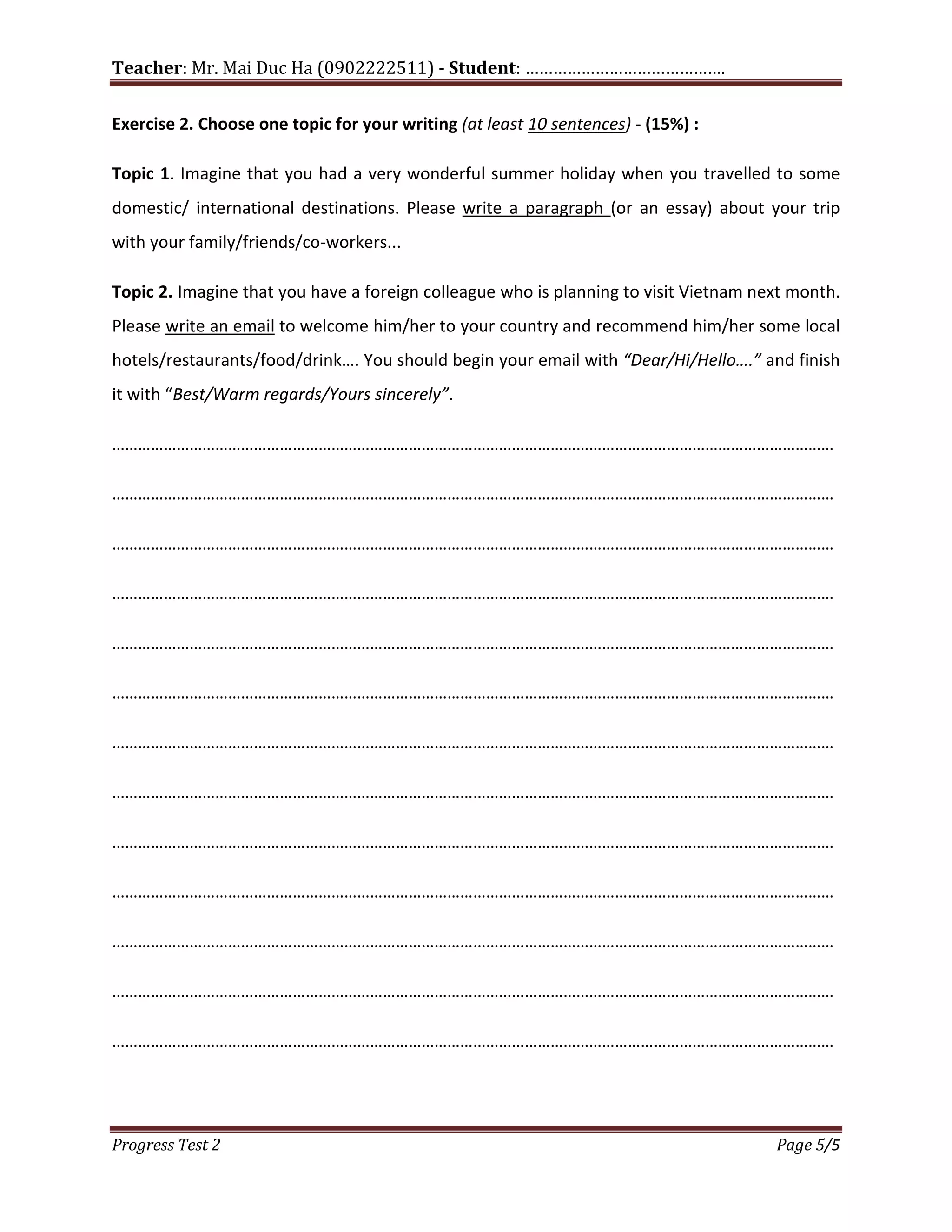 Sample English Test (Elementary 2) | PDF