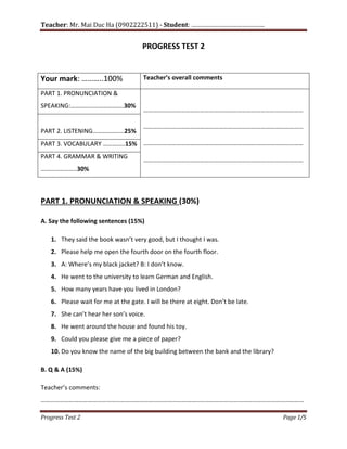 Sample English Test (Elementary 2) | PDF