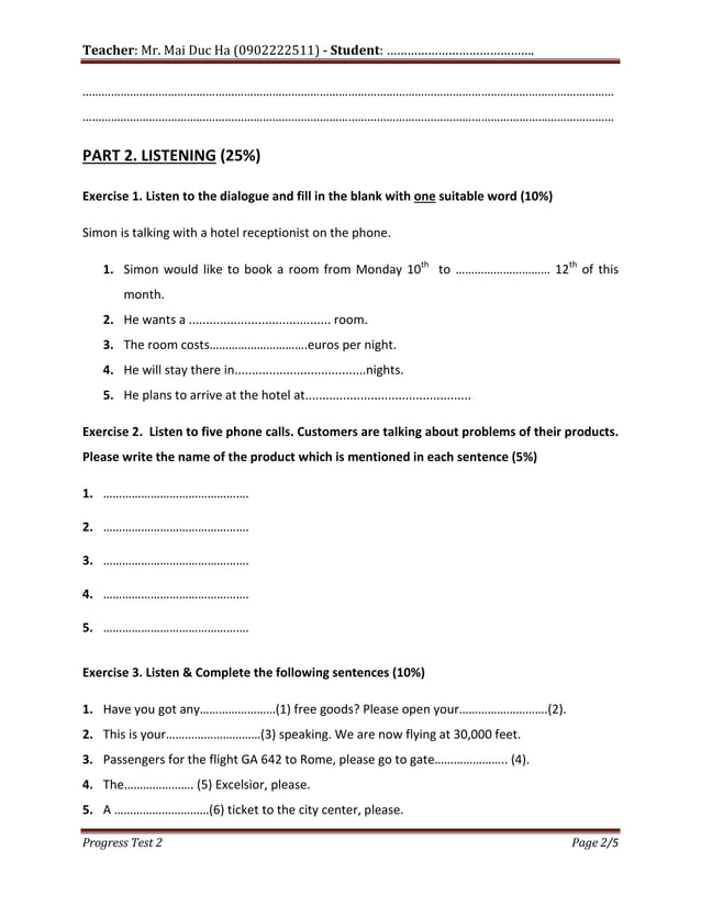 Sample English Test (Elementary 2) | PDF