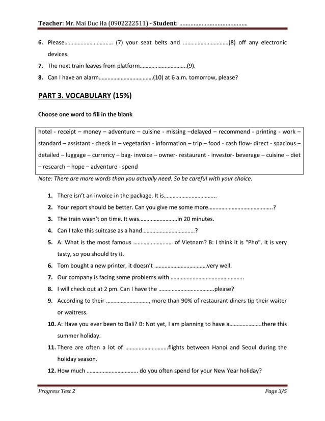 Sample English Test (Elementary 2) | PDF