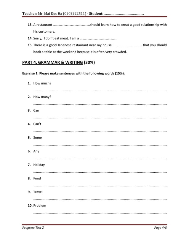 Sample English Test (Elementary 2) | PDF