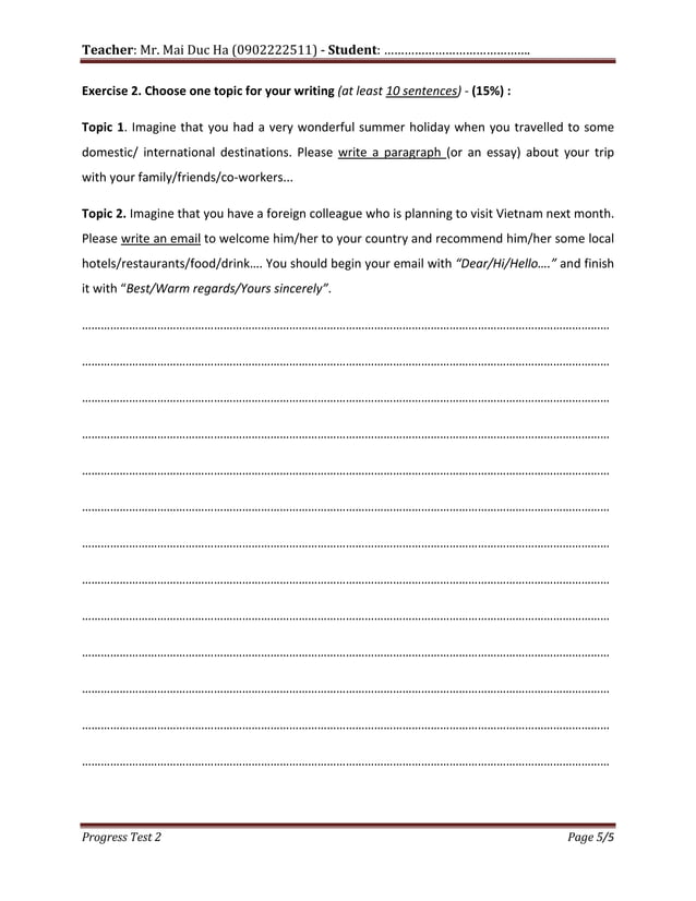 Sample English Test (Elementary 2) | PDF