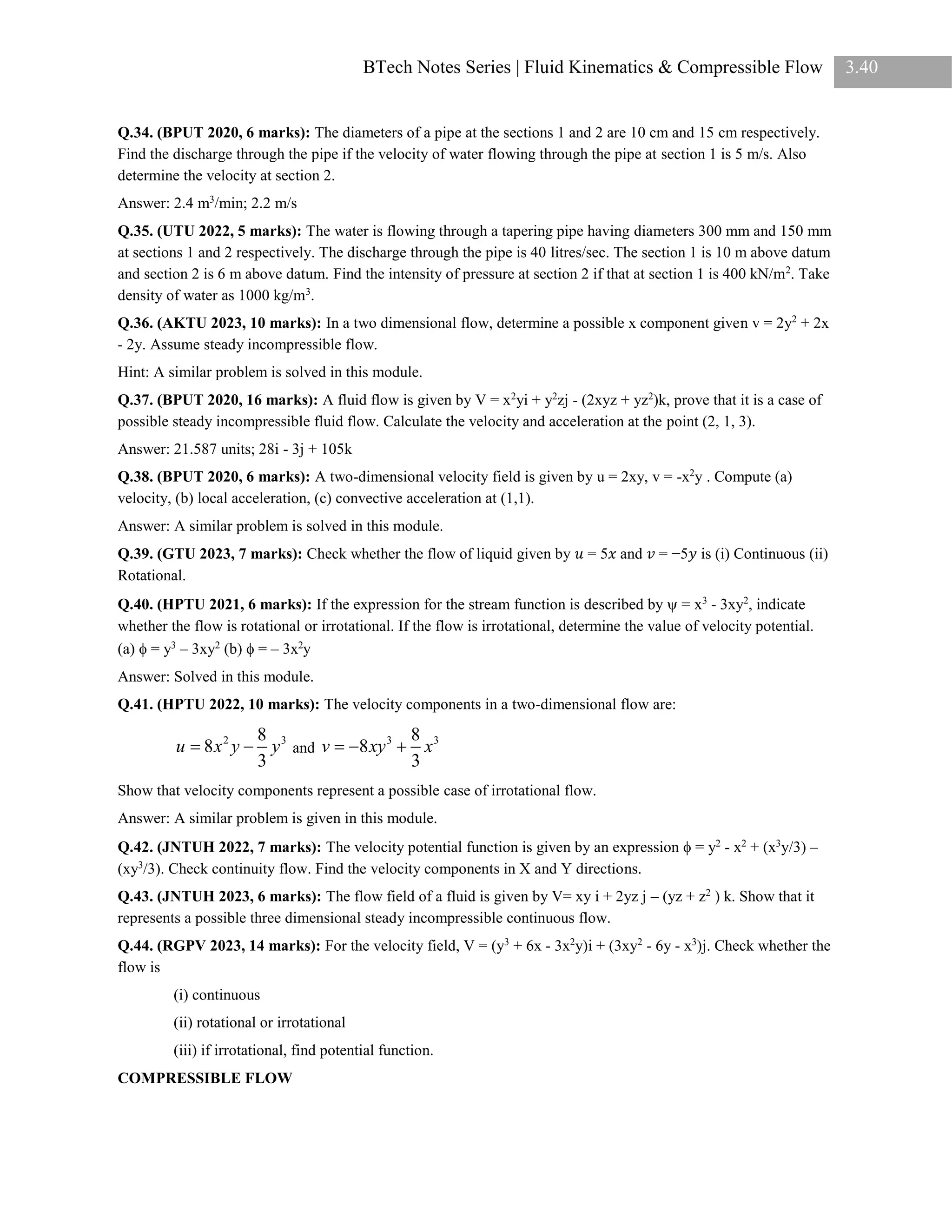 Fluid Mechanics: Fluid Kinematics and Compressible Flow | PDF