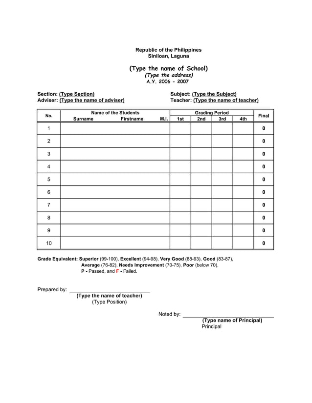 Sample Grading Sheet | XLS