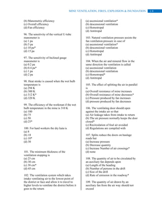 Mine Ventilation, Fires, Explosion and Inundation (Objective Questions ...