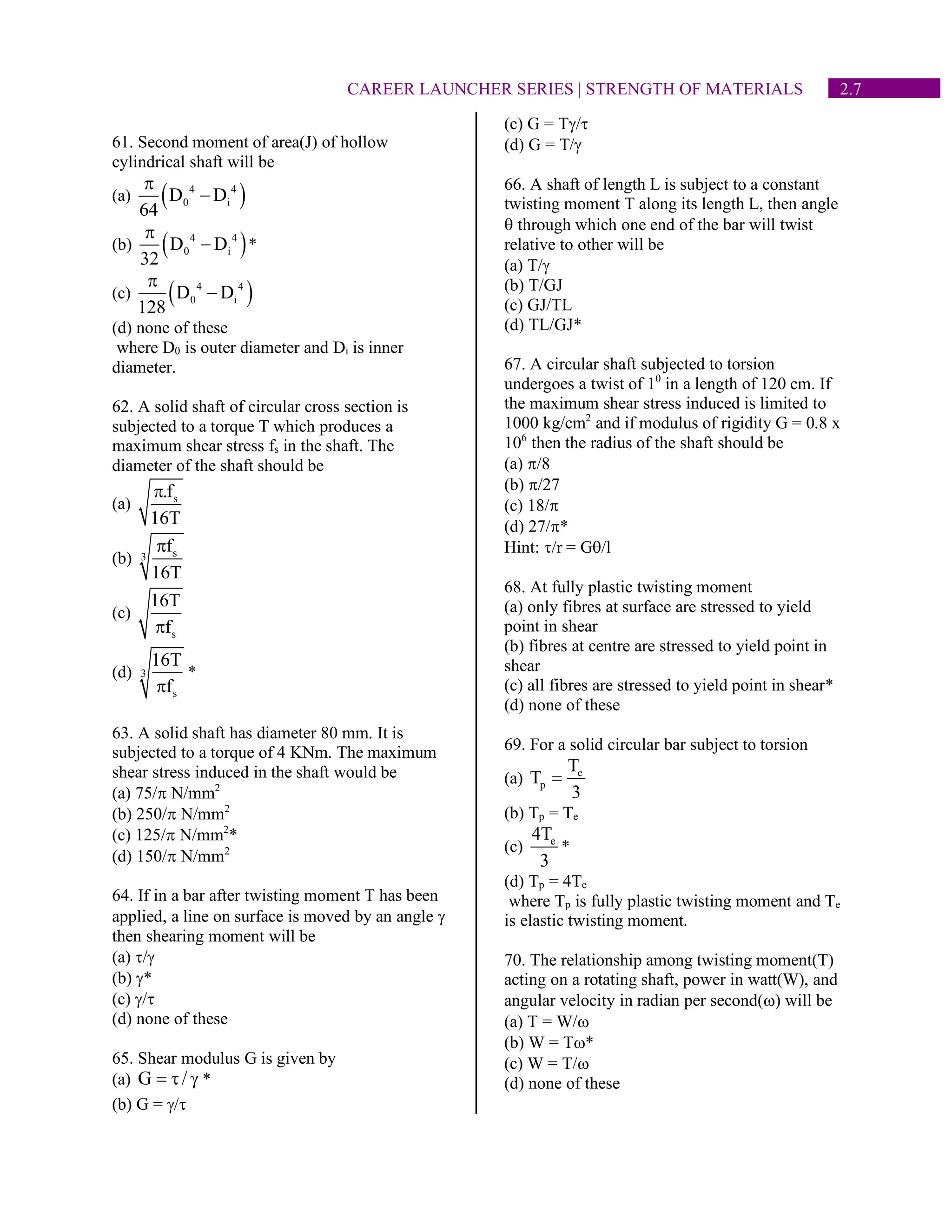 Strength of materials (Objective Questions) | PDF