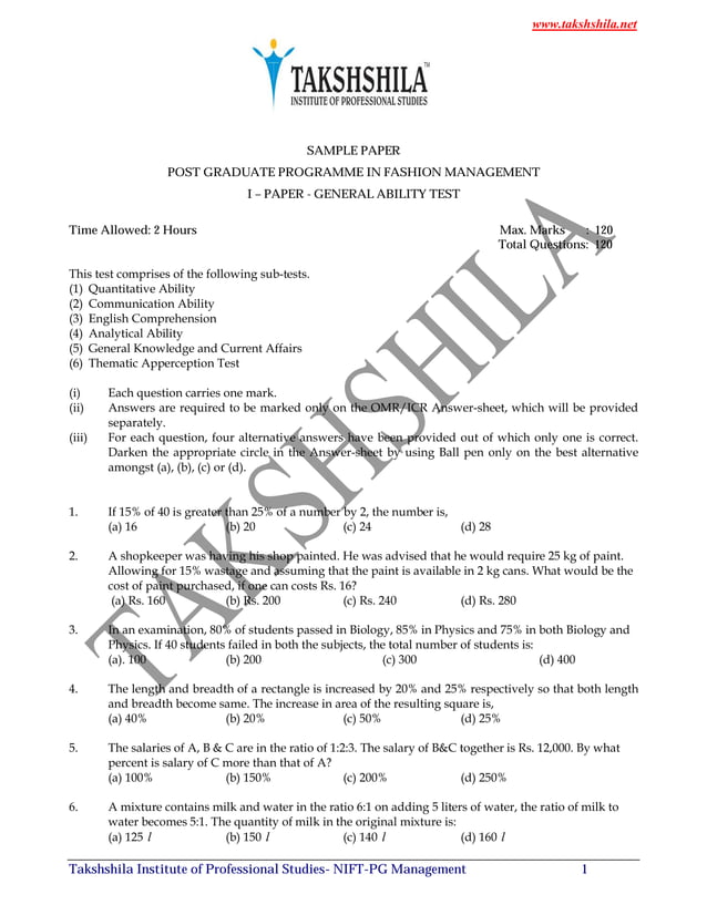 nid coaching classes in hyderabad,Sample Paper for NIFT PG Management ...