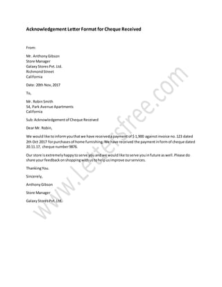 Sample Acknowledgement Letter for Cheque Received | DOCX
