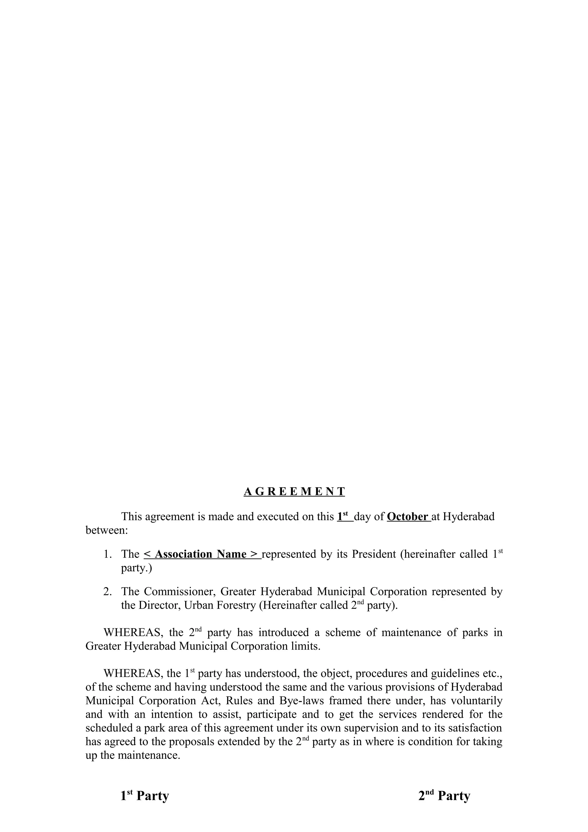 Sample agreement ppp for parks - hyderabad | DOC