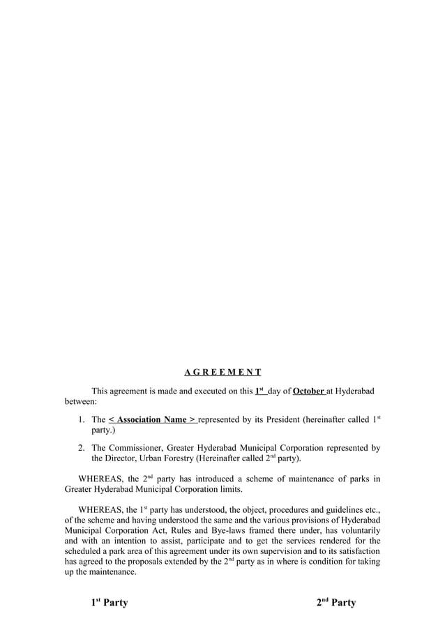 Sample agreement ppp for parks - hyderabad | DOC
