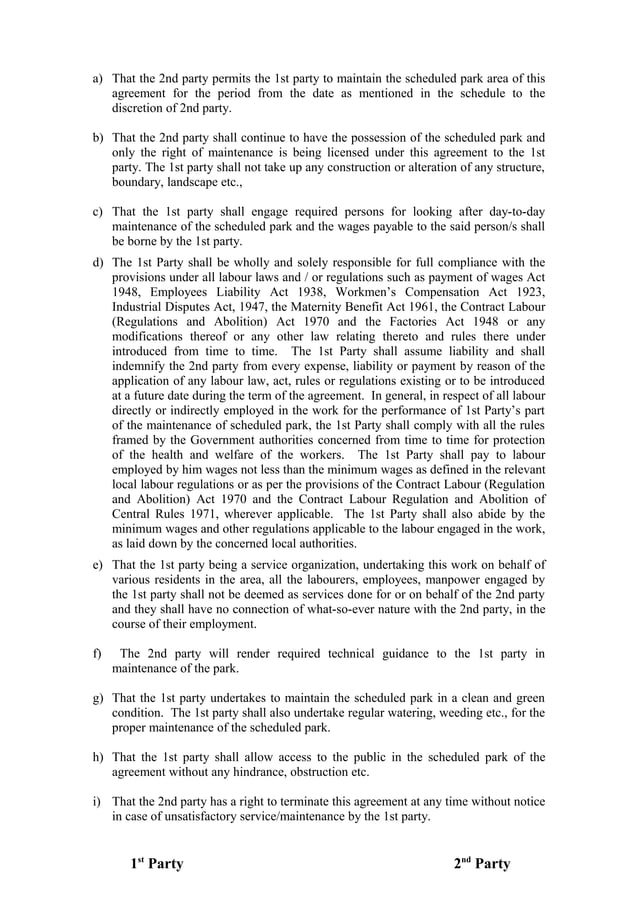Sample agreement ppp for parks - hyderabad | DOC