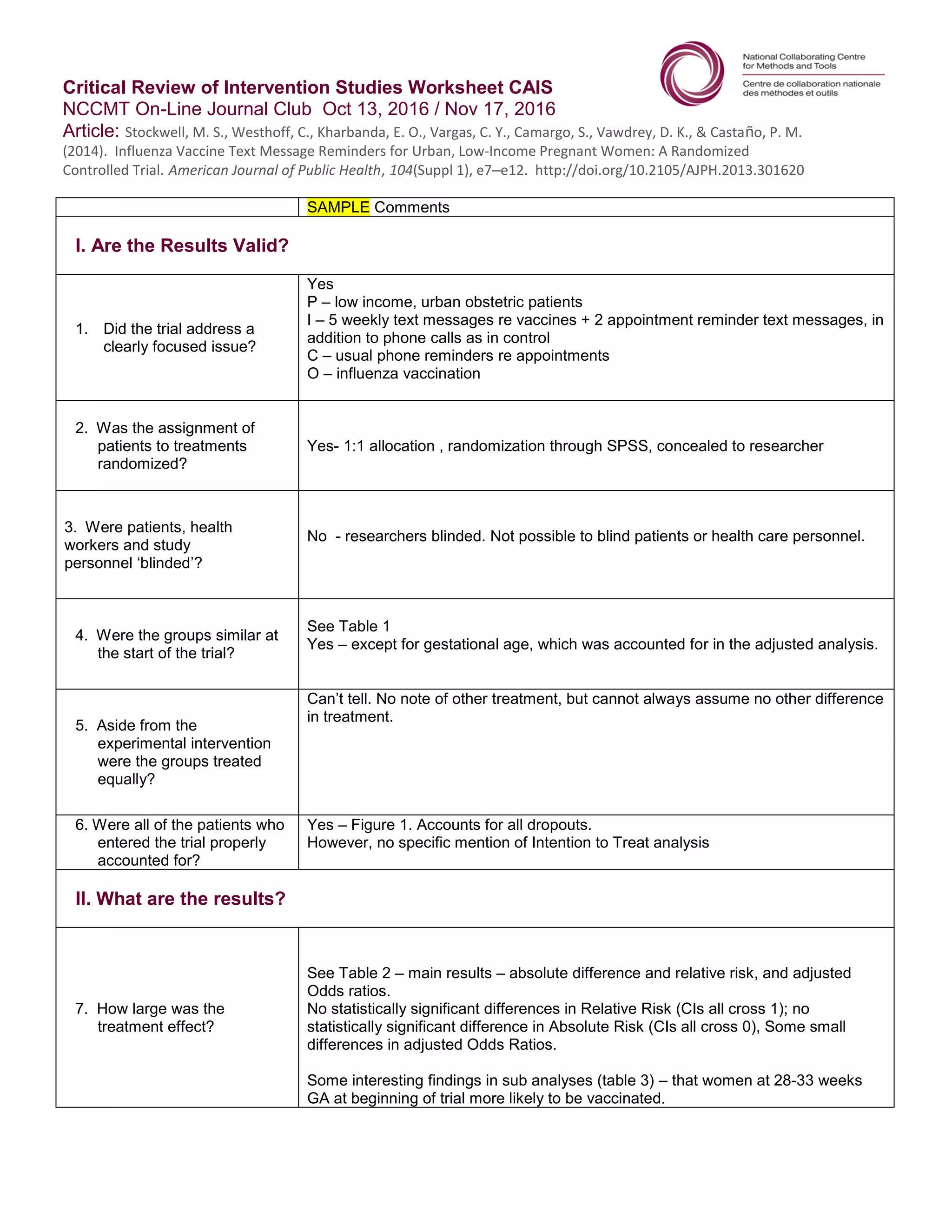 Critical Review of Intervention Studies Worksheet CAIS (Sample Answers ...