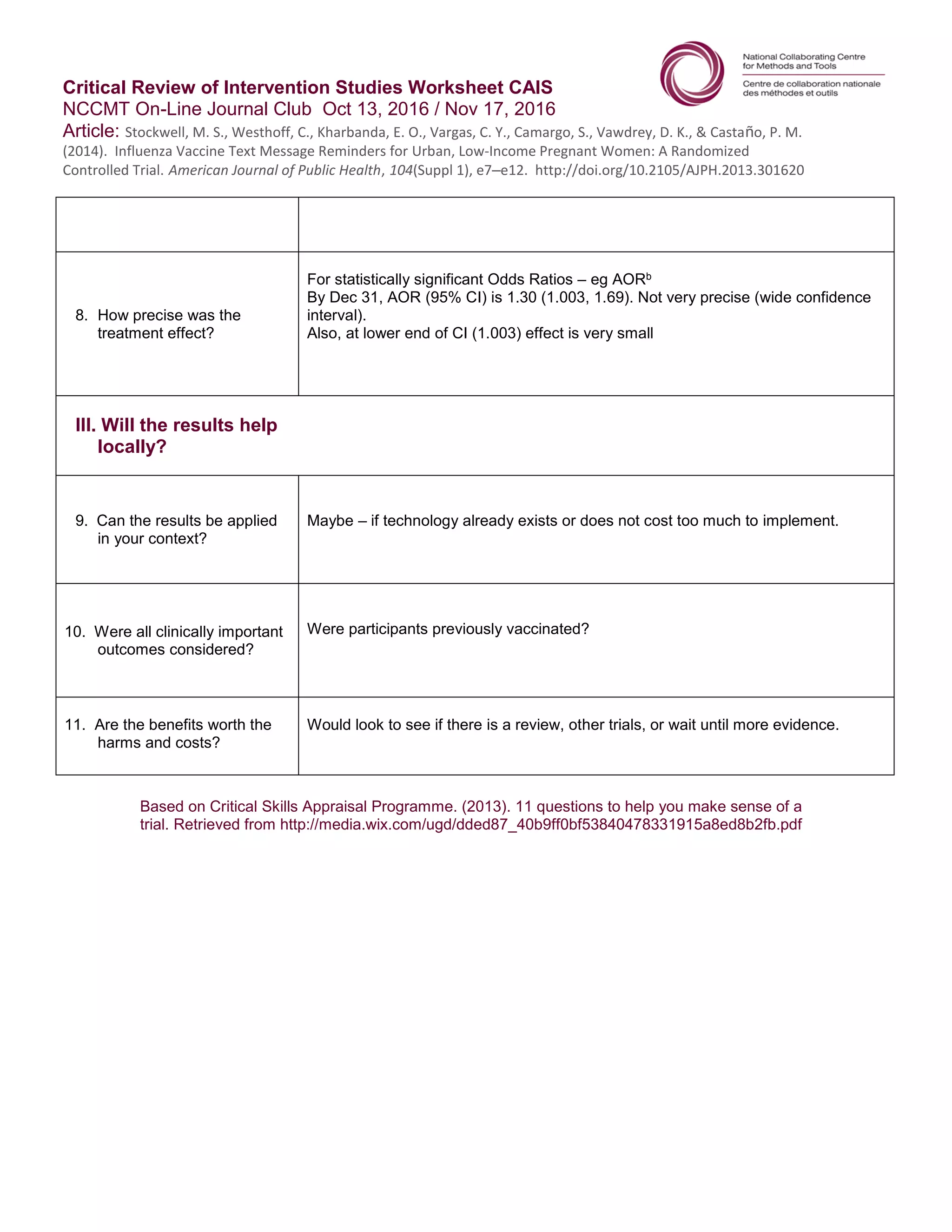 Critical Review of Intervention Studies Worksheet CAIS (Sample Answers ...
