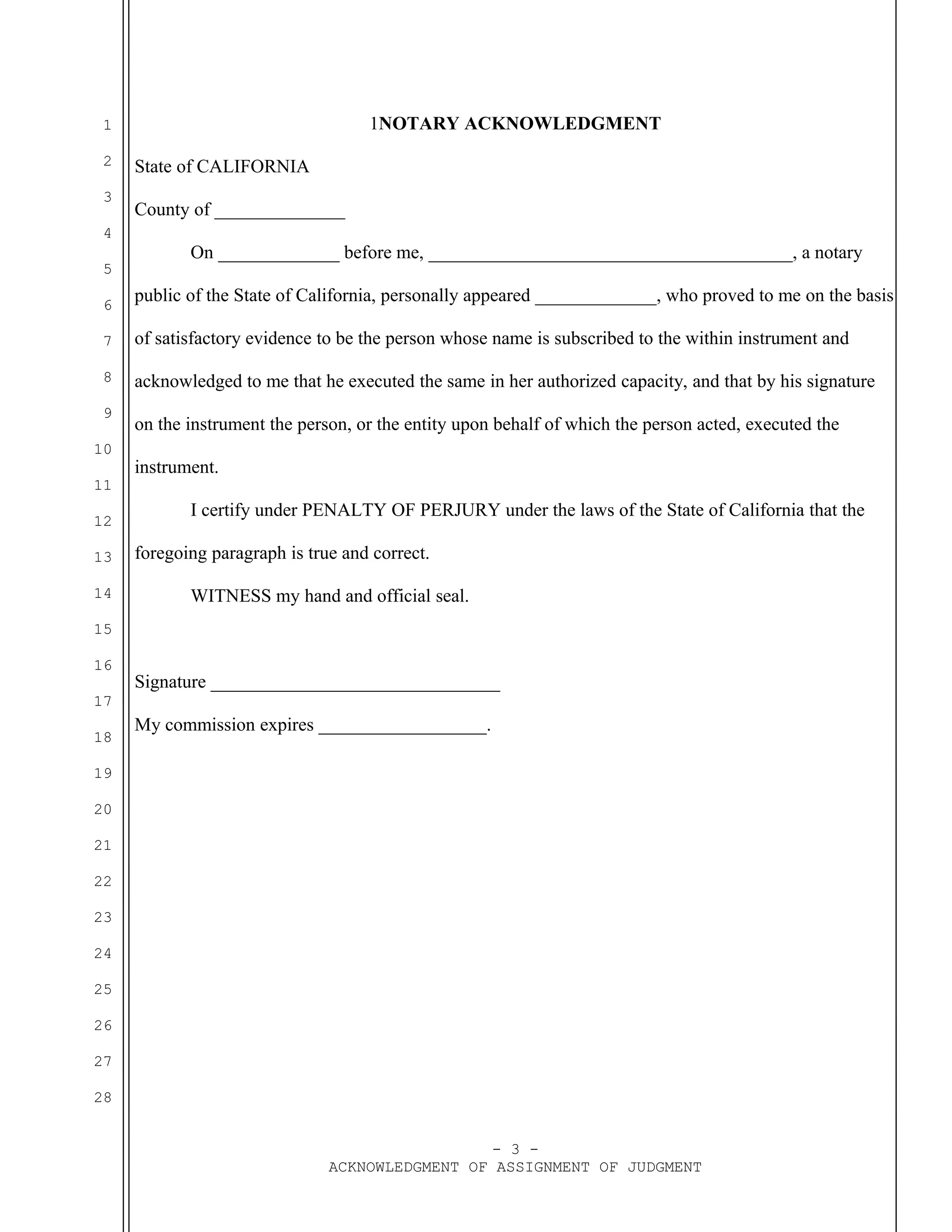 Sample acknowledgment of assignment of judgment in California | DOC