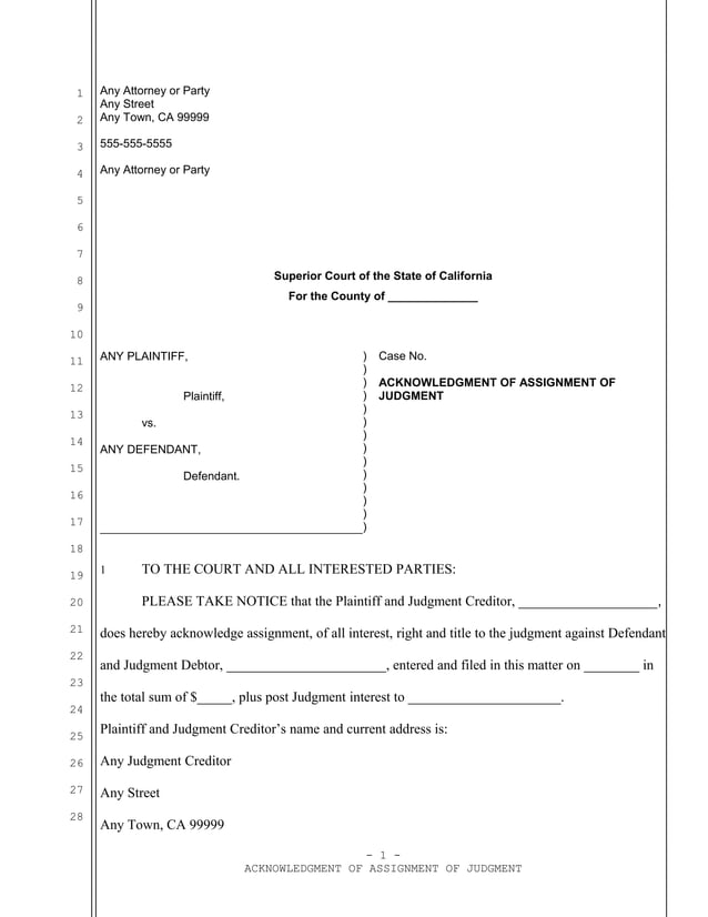 Sample acknowledgment of assignment of judgment in California | DOC