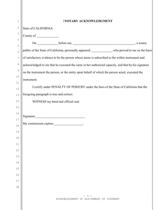 Sample acknowledgment of assignment of judgment in California | DOC