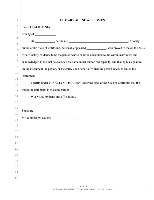 Sample acknowledgment of assignment of judgment in California | DOC