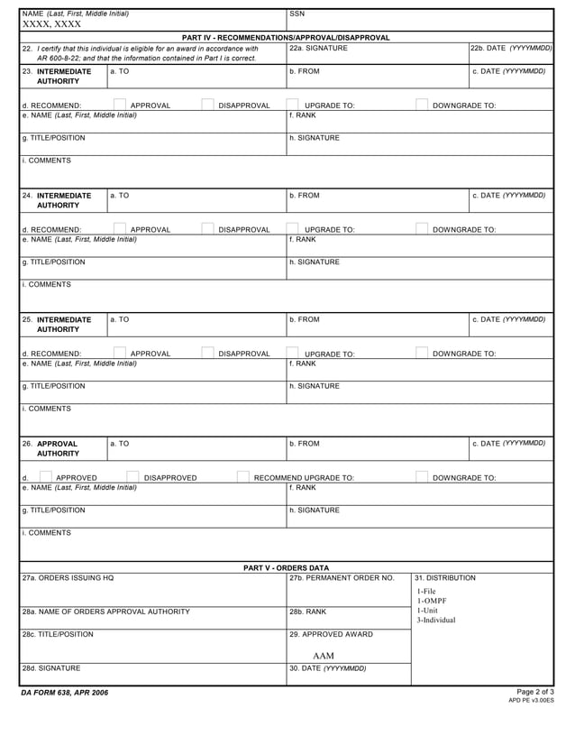 Sample Award Recommendation DA Form 638 | PDF | Physical Therapy | Wellness
