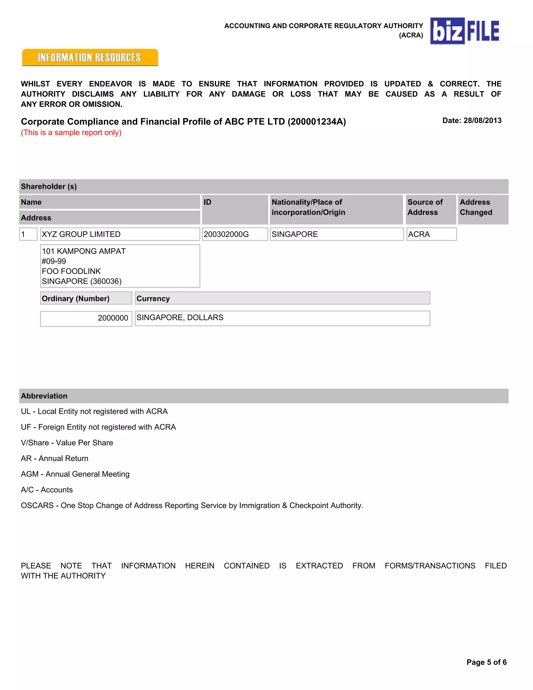 SIngapore ACRA : Sample bp cert(5) & ccfp(6) | PDF
