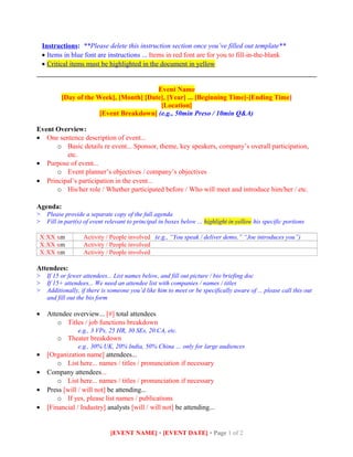 Event Briefing Template for Executive Assistants | DOC