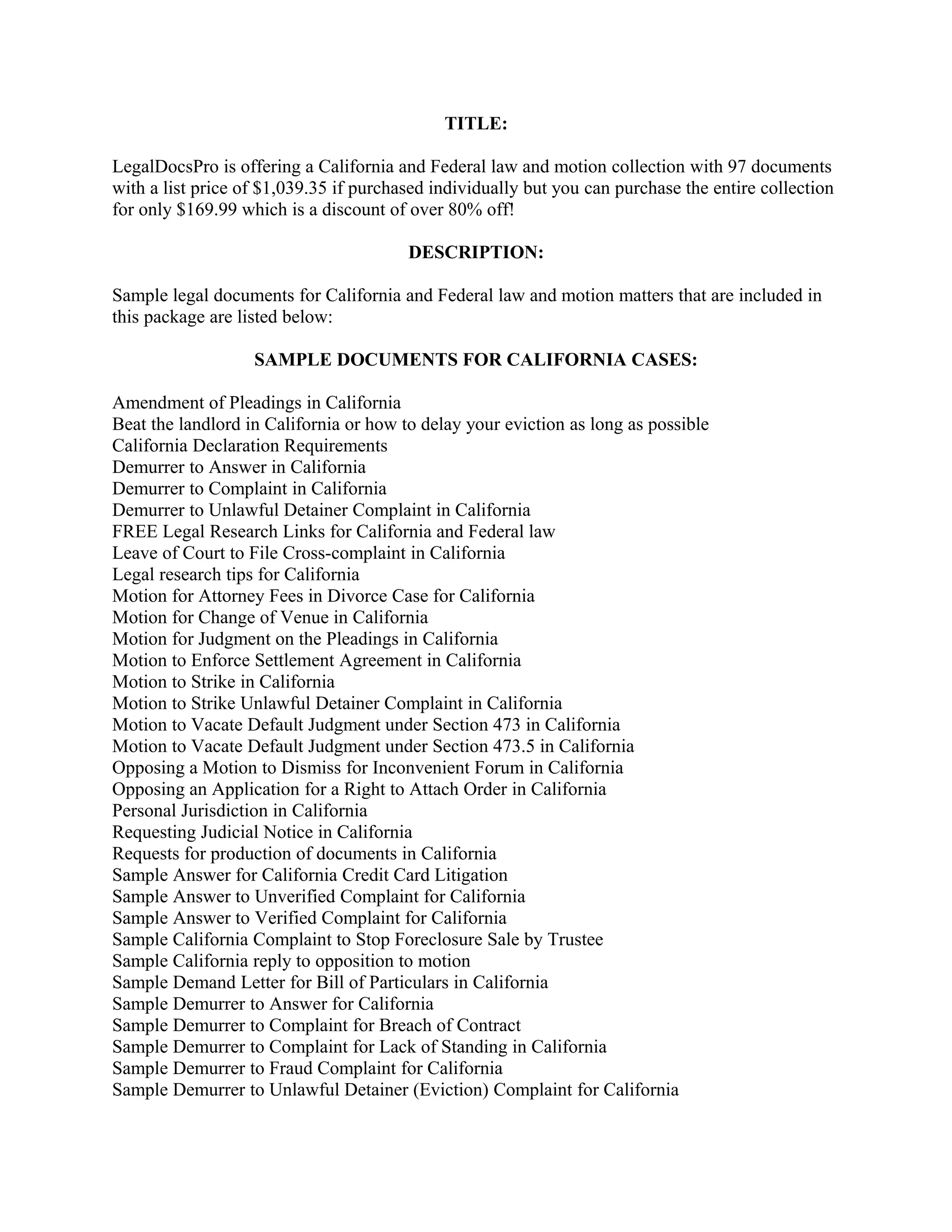 Sample california and federal law and motion documents at 80% off! | DOC