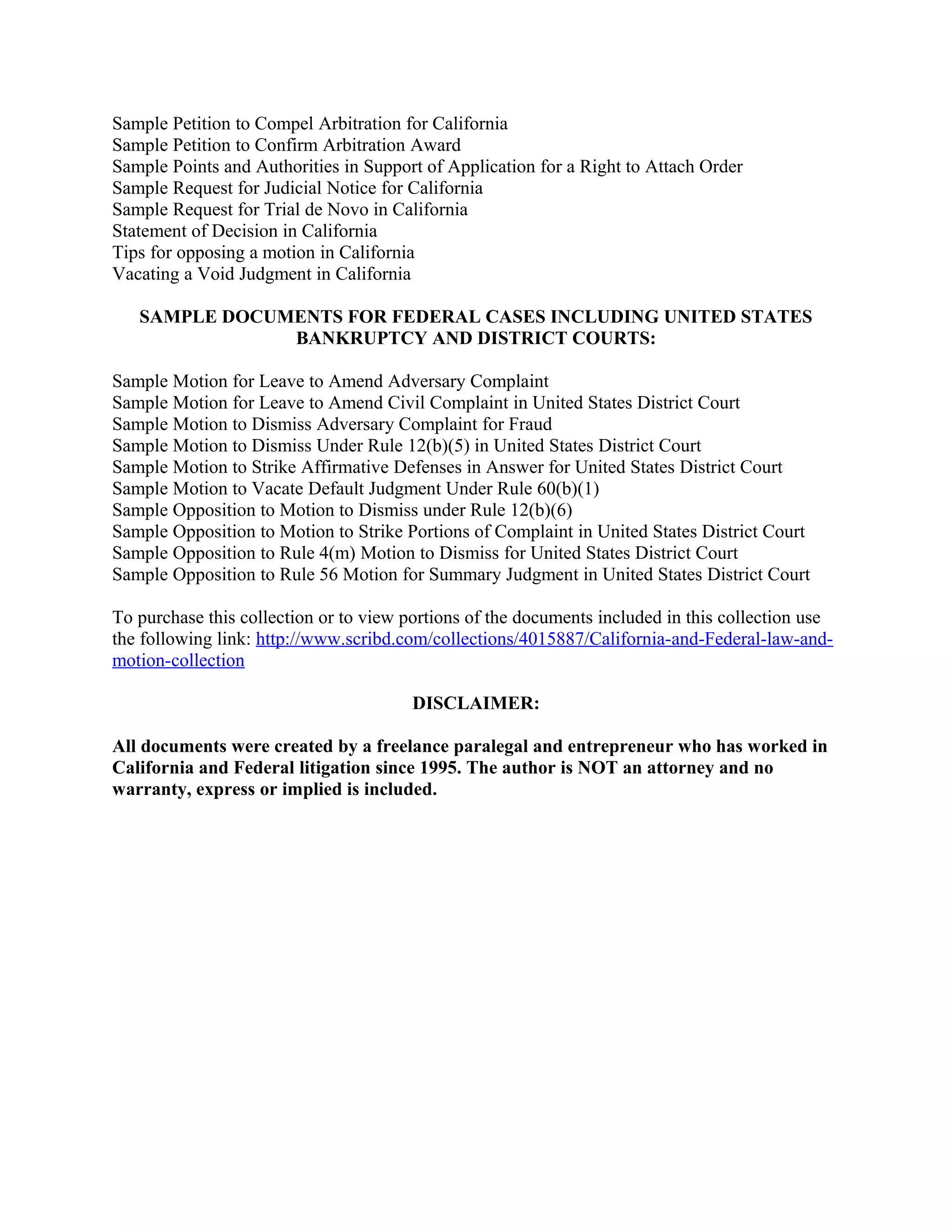 Sample california and federal law and motion documents at 80% off! | DOC