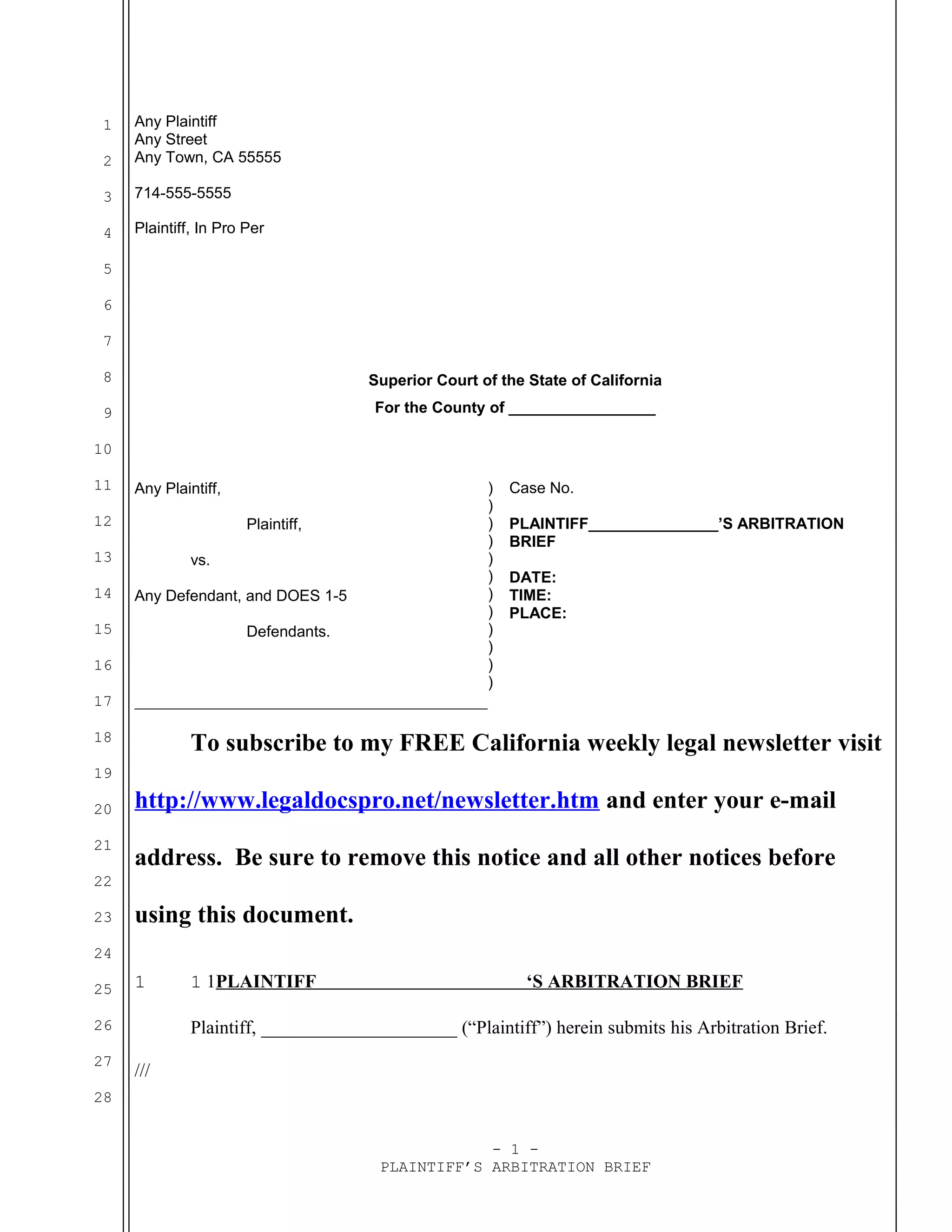 Sample California arbitration brief | DOC