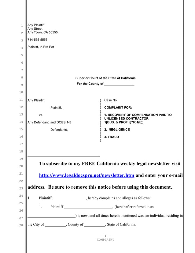 Sample California complaint for fraud against unlicensed contractor | DOC