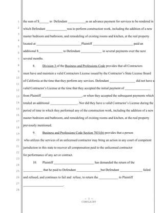 Sample California complaint for fraud against unlicensed contractor | DOC